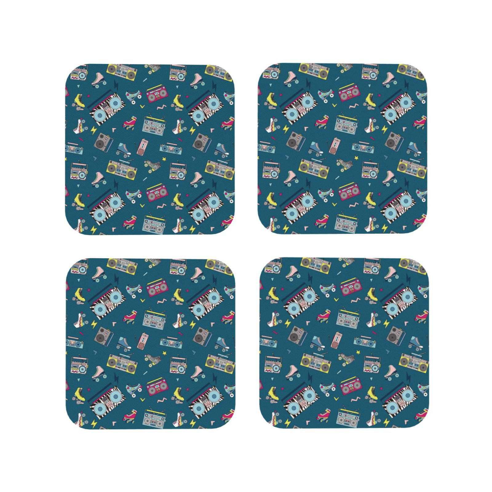 Gaeub Vintage Tape Players And Skates Print 4 Pcs Leather Coasters for ...