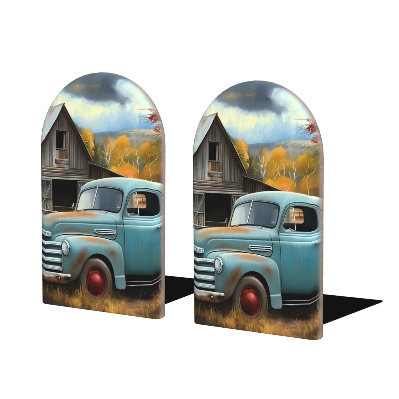 Gaeub Vintage Truck Farm Scene Wood Bookends, Non-Slip Bookends, Heavy ...
