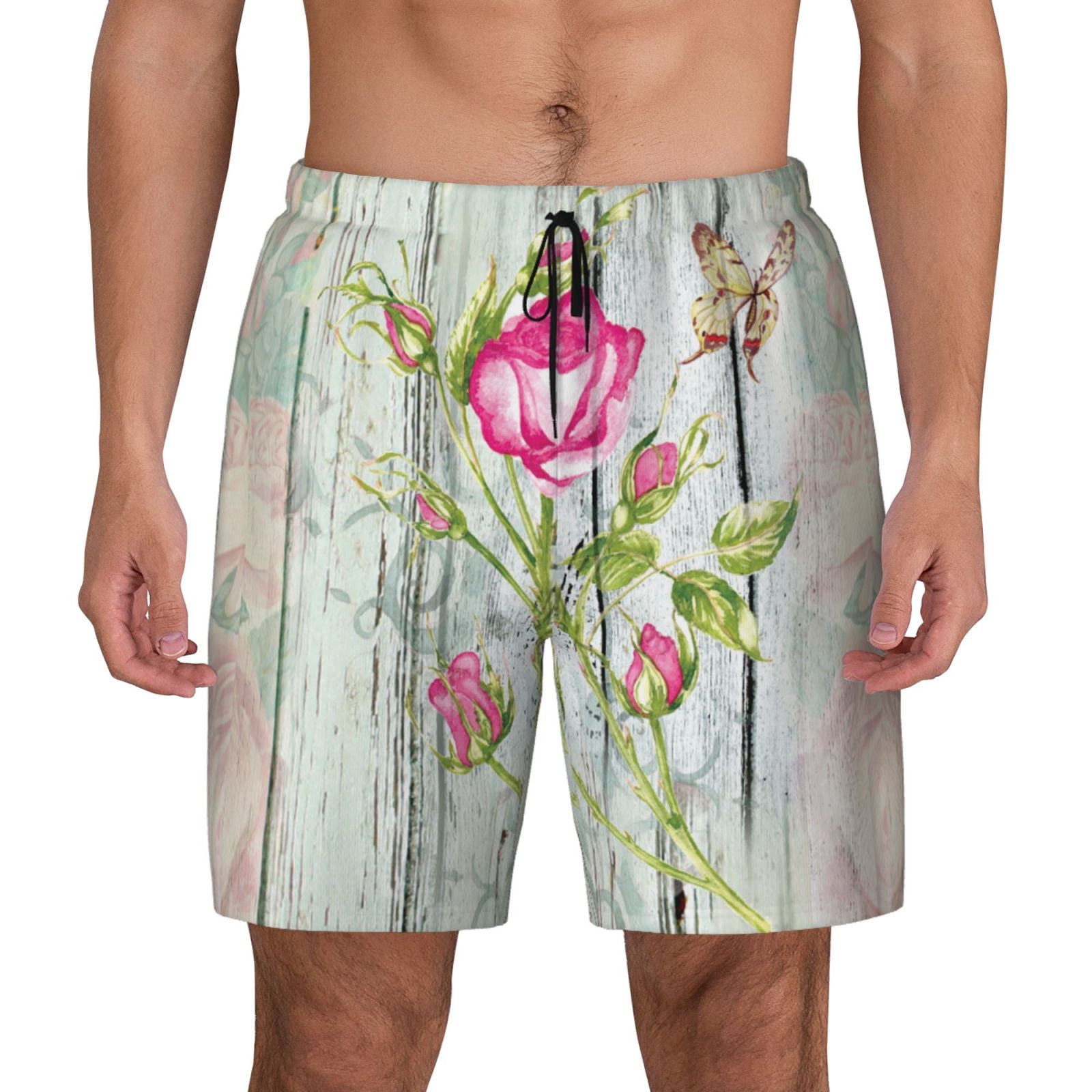 Gaeub Vintage Wood Background with Floral Mens Swim Trunks Stretch ...