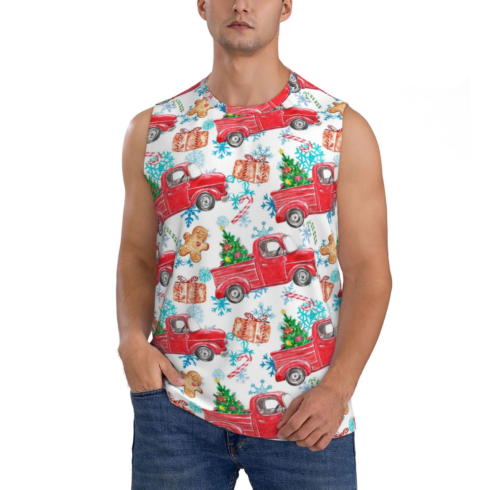 Gaeub Watercolor Red Truck And Fir Tree Men's Sleeveless Muscle Shirts ...