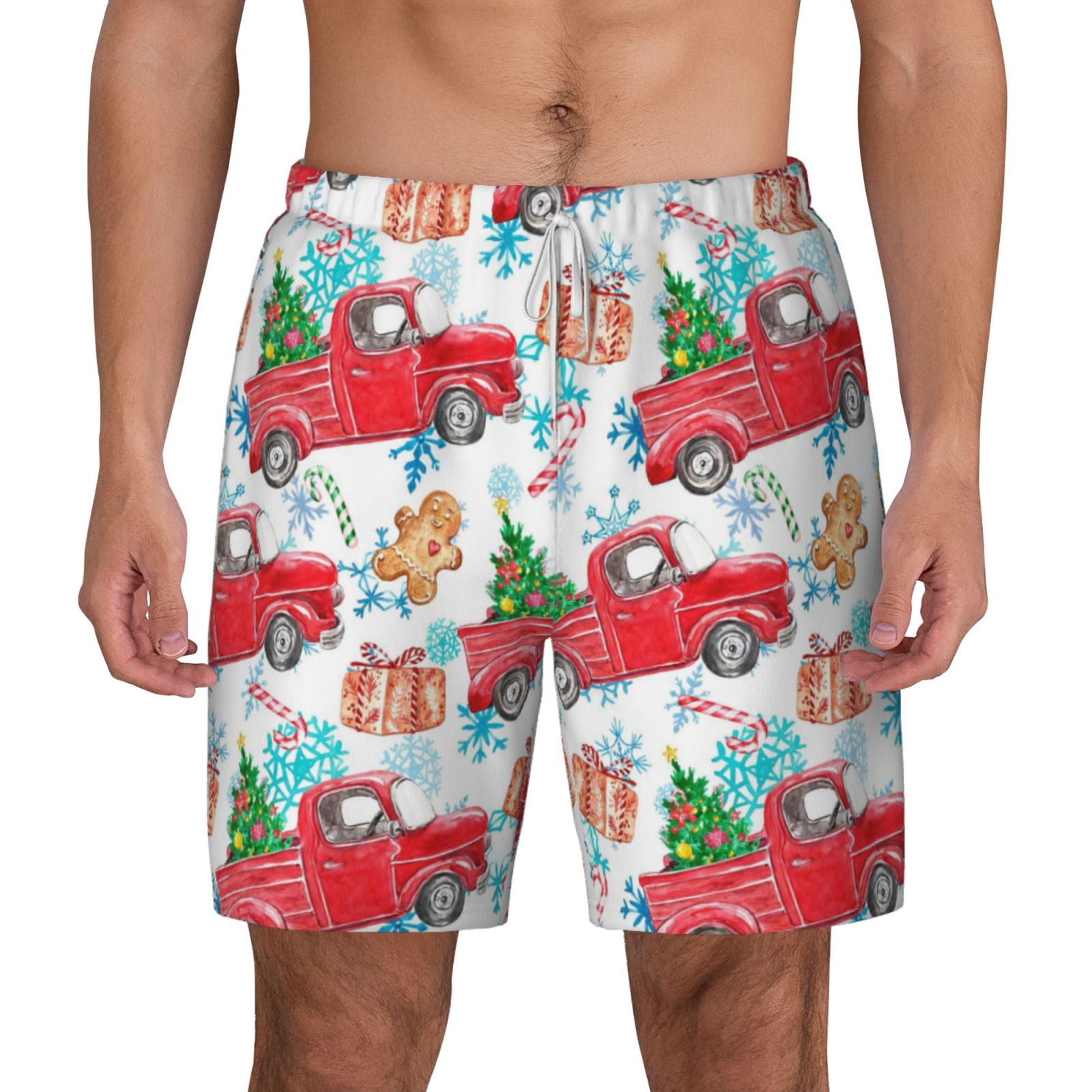 Gaeub Watercolor Red Truck And Fir Tree Mens Swim Trunks Stretch Beach ...