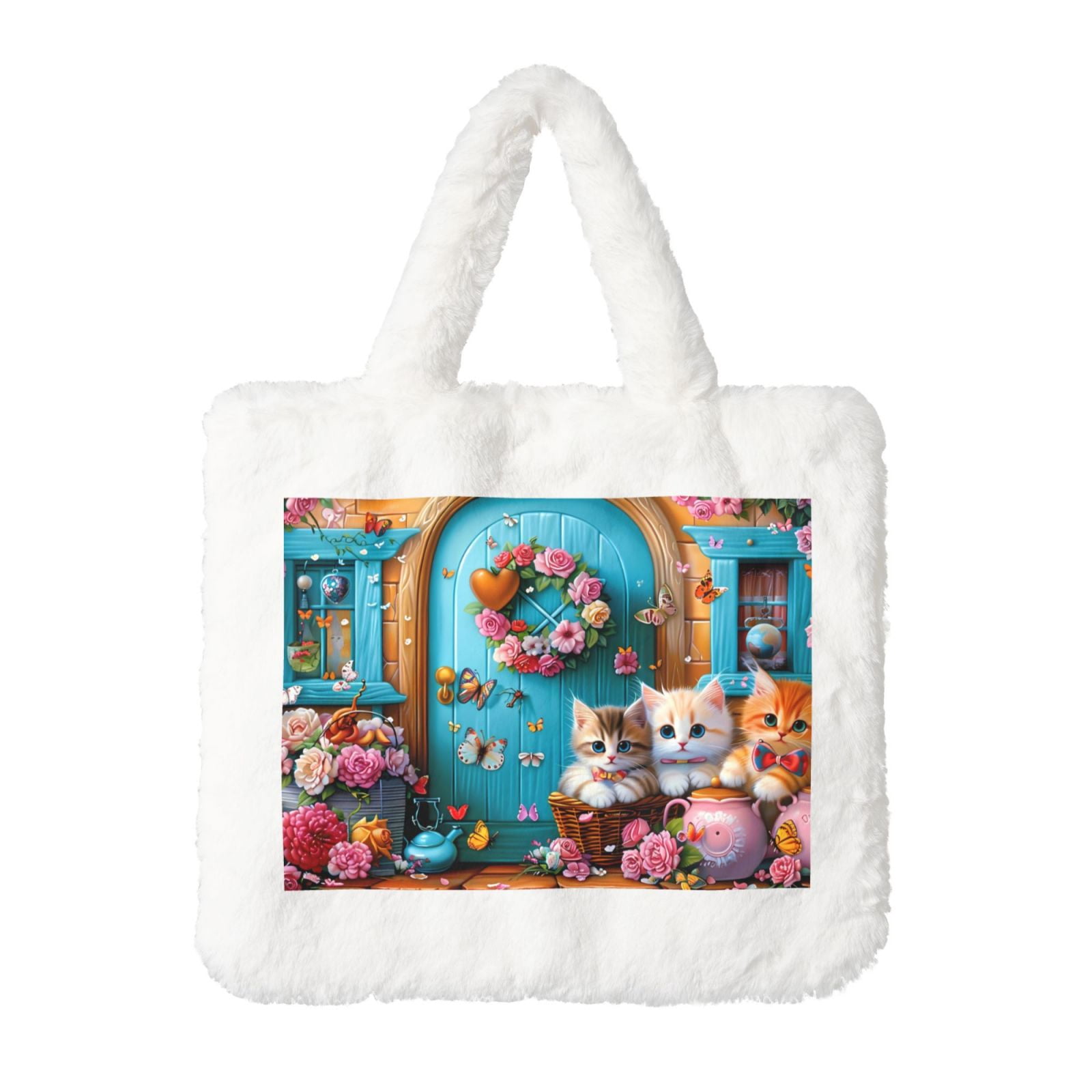 Gaeub Whimsical Cats and Flowers Scene Printed Plush Underarm Bag ...