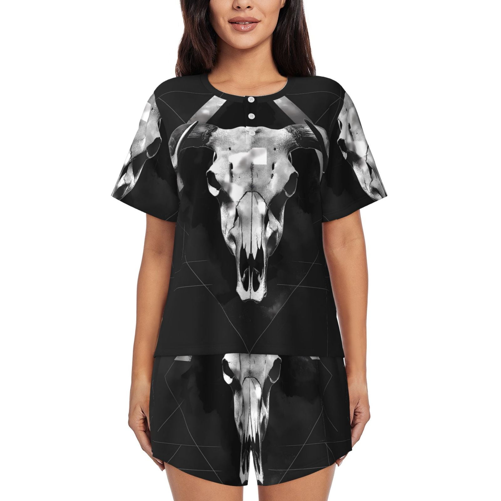 Gaeub White Black Sheep skull Women's Short Sleeve Pajama Set Soft ...