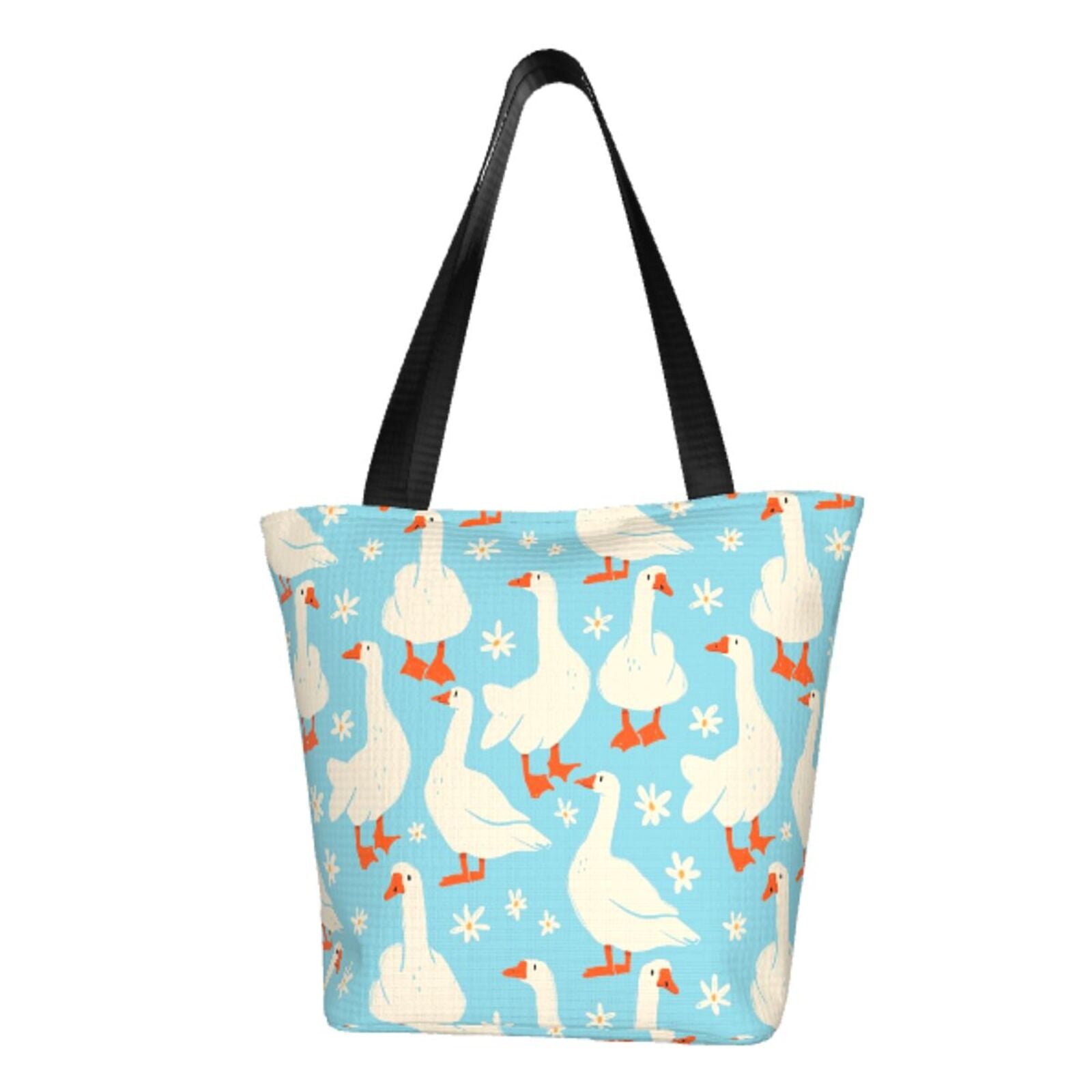 Gaeub White Geese and Flower Printed Tote Bag Grocery Bag Reusable ...