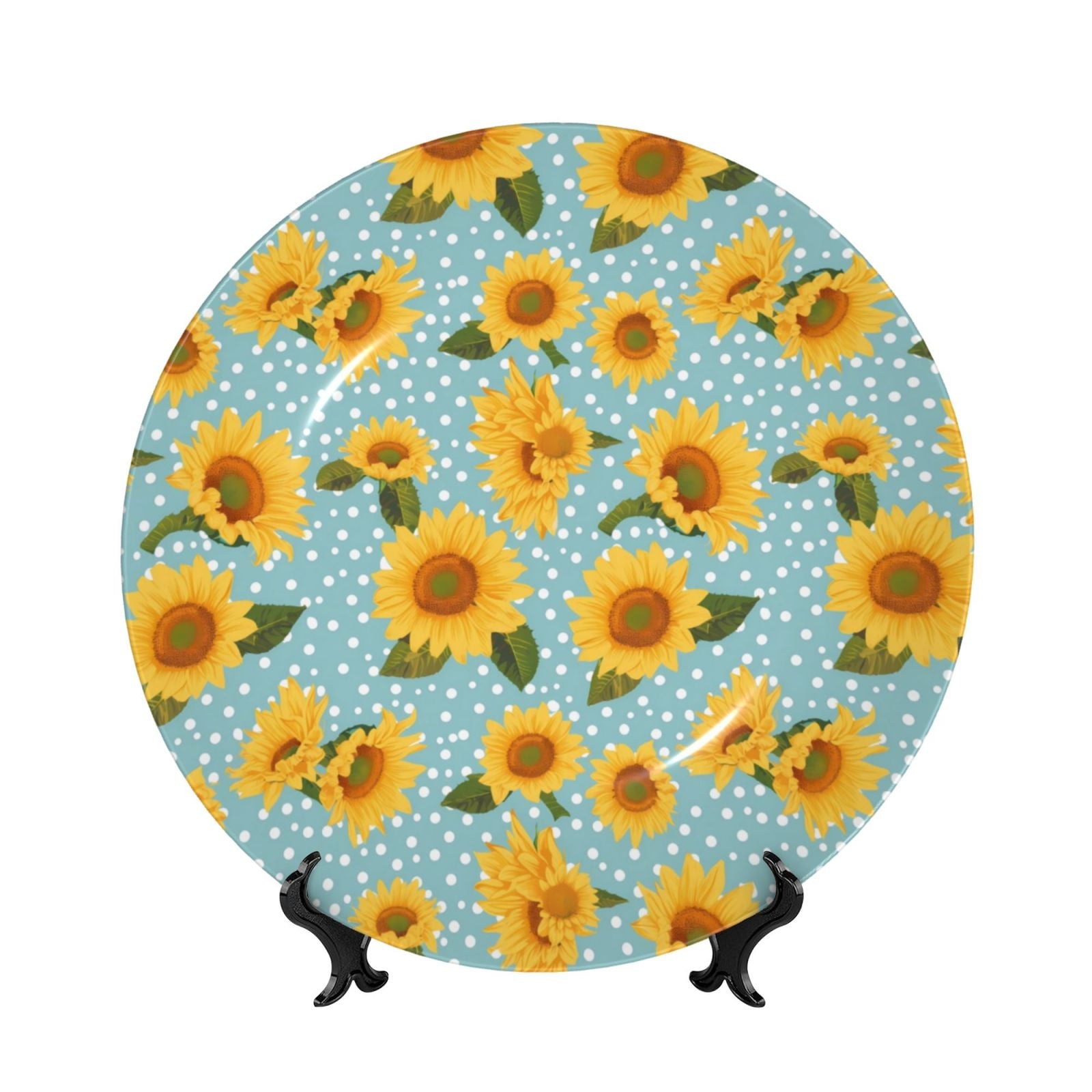 Gaeub White Polka Dot Sunflower Print Ceramic Plate,Dinner Plates,Bone ...