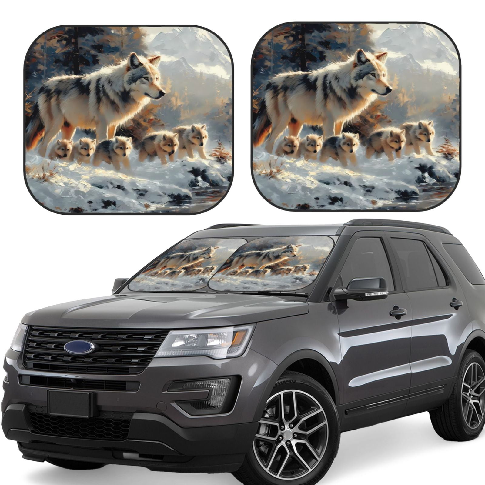 Gaeub Wolf Family Winter Wonderland Print 2-Piece Windshield Sun Shade ...