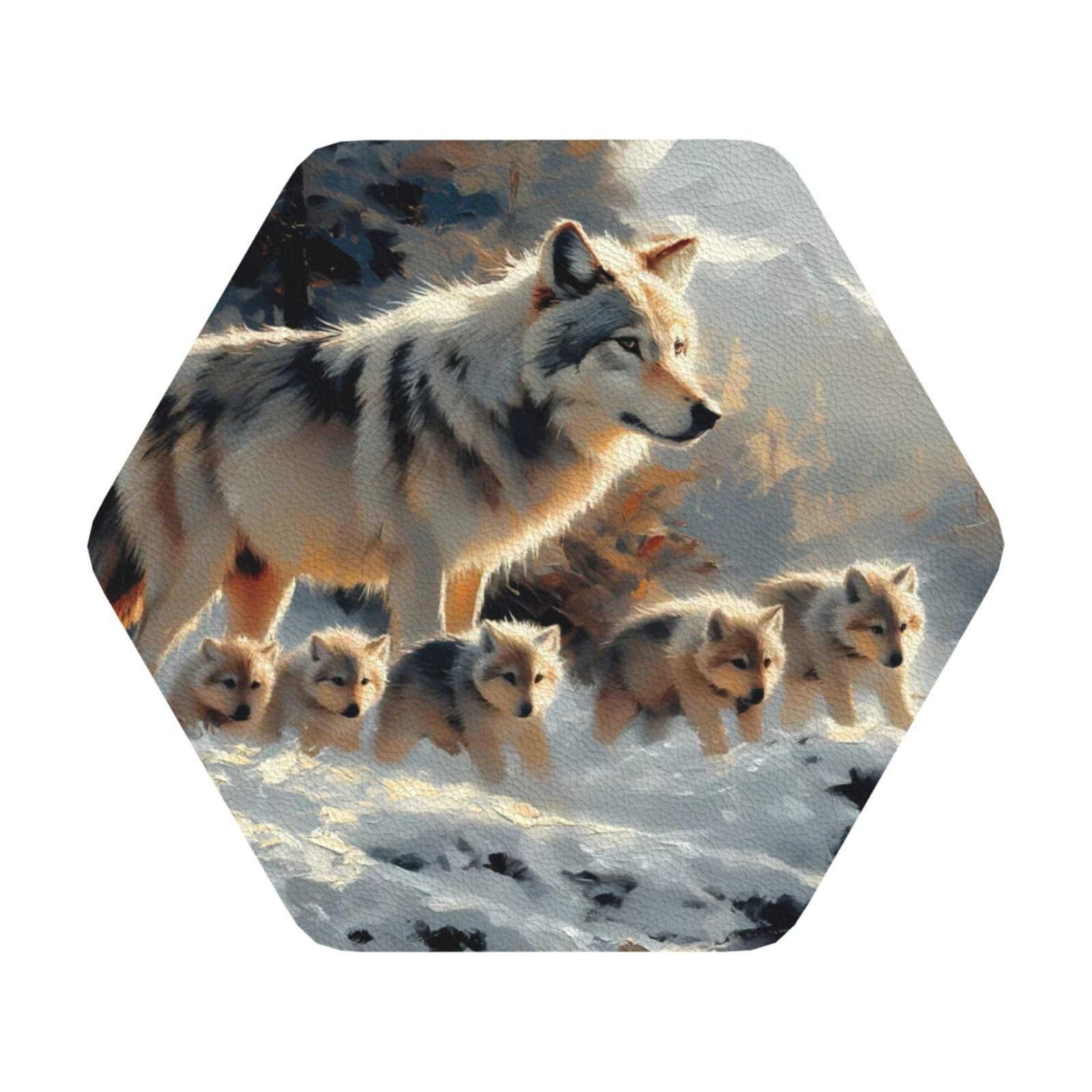 Gaeub Wolf Family Winter Wonderland Print 6 Pcs Leather Coasters for ...