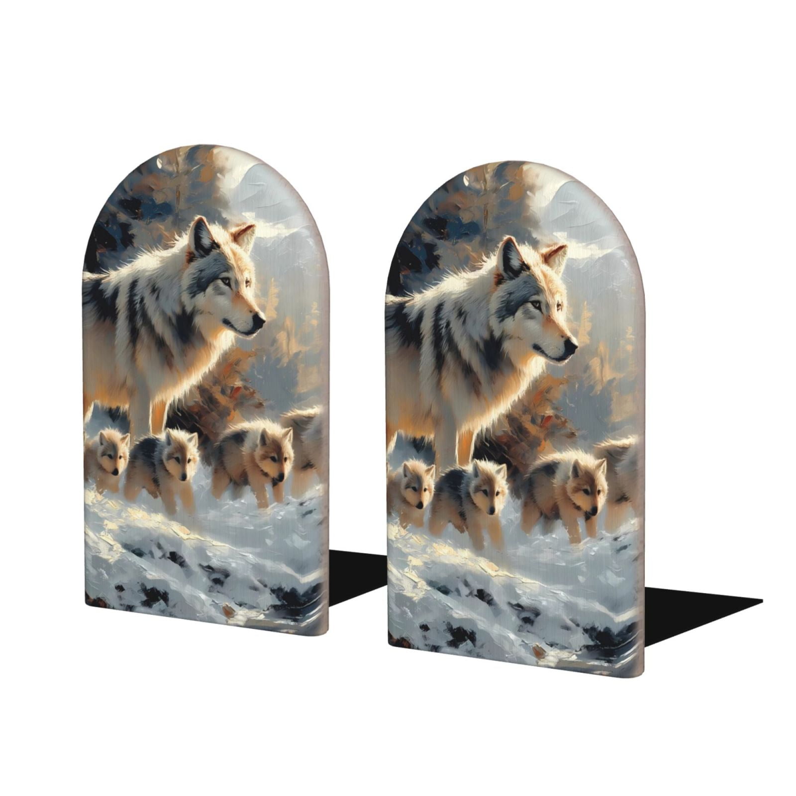 Gaeub Wolf Family Winter Wonderland Wood Bookends, Non-Slip Bookends ...