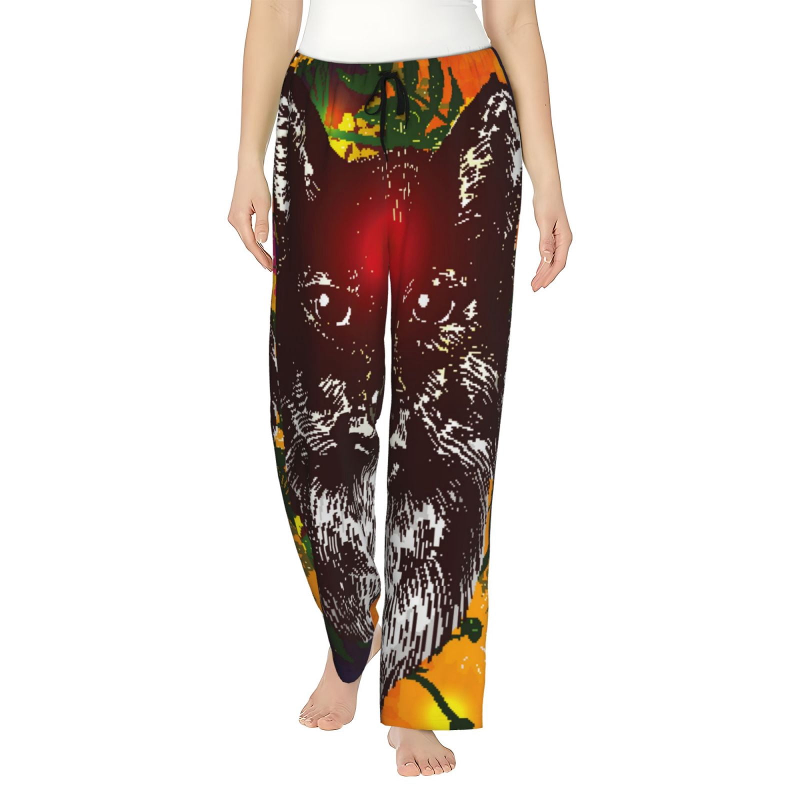 Gaeub Wolf With Wildflowers Soft Pajama Pants for Women, Wide Leg Comfy ...