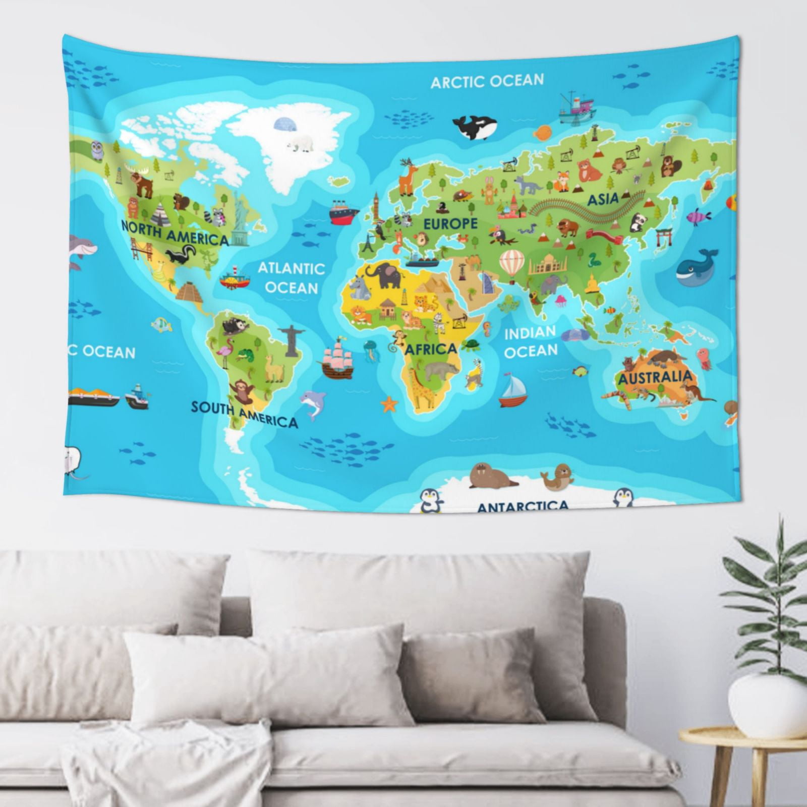 Gaeub World Map With Animals Landmarks Print Tapestry Wall Hanging ...