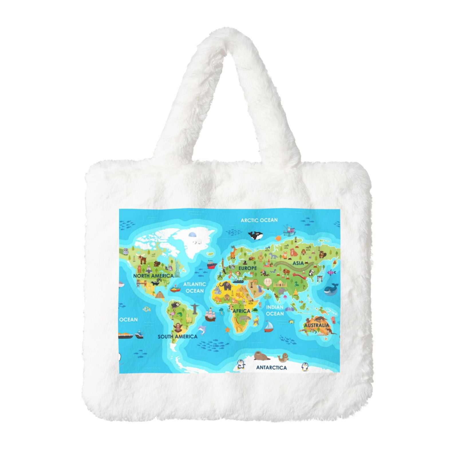 Gaeub World Map With Animals Landmarks Printed Plush Underarm Bag ...