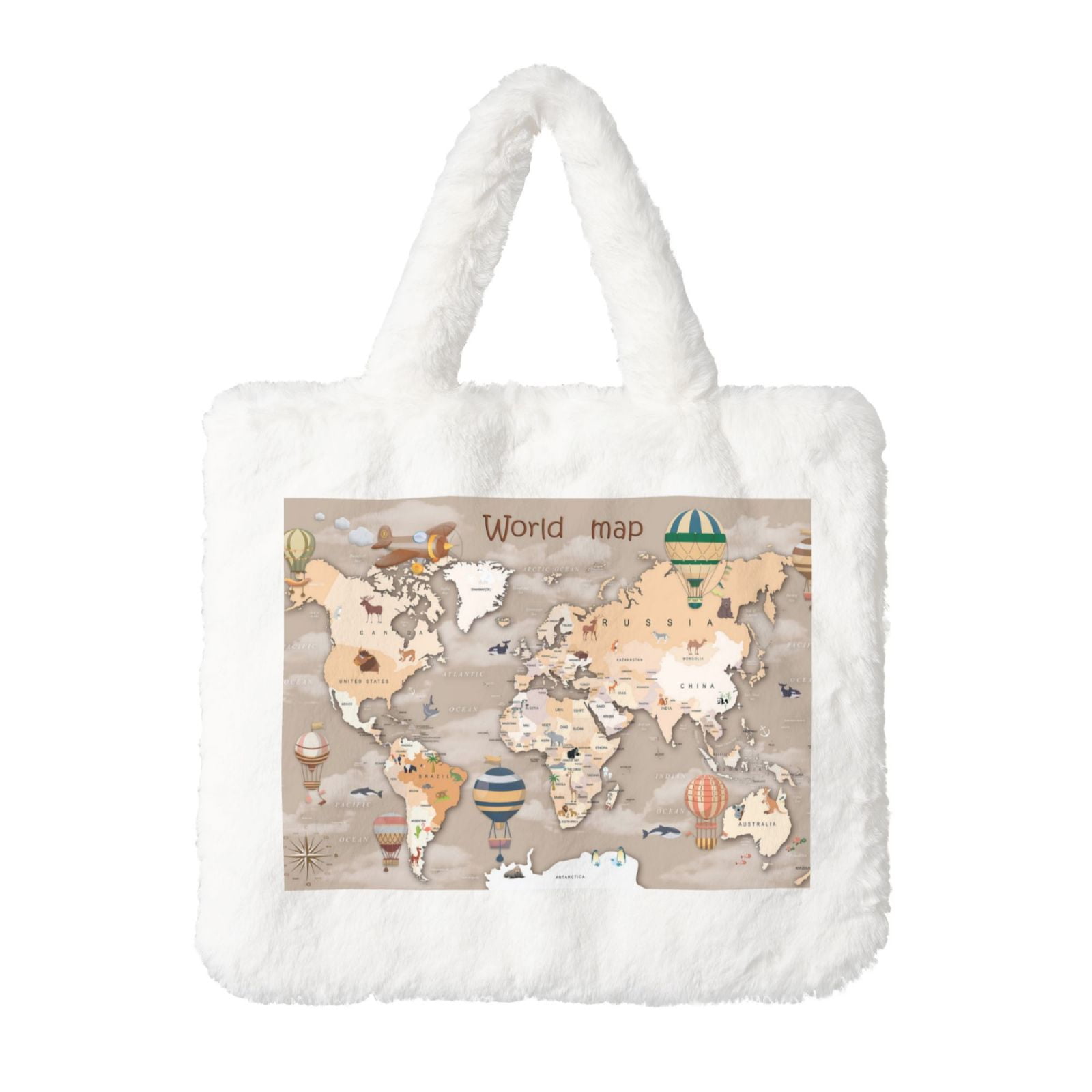 Gaeub World Map With Animals Printed Plush Underarm Bag, Ladies Fluffy ...