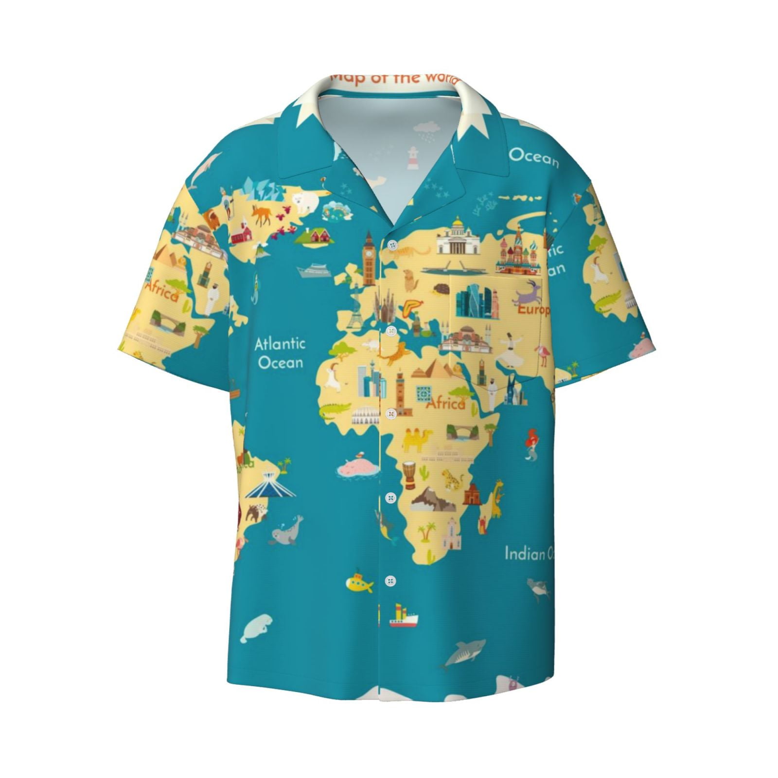 Gaeub World Map With Landmarks Men's Lapel Short Sleeve Shirt, Relaxed ...