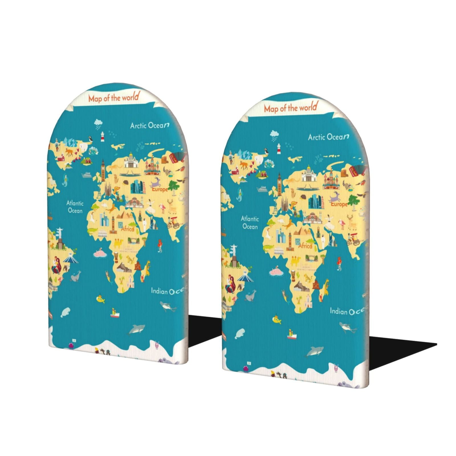 Gaeub World Map With Landmarks Wood Bookends, Non-Slip Bookends, Heavy ...