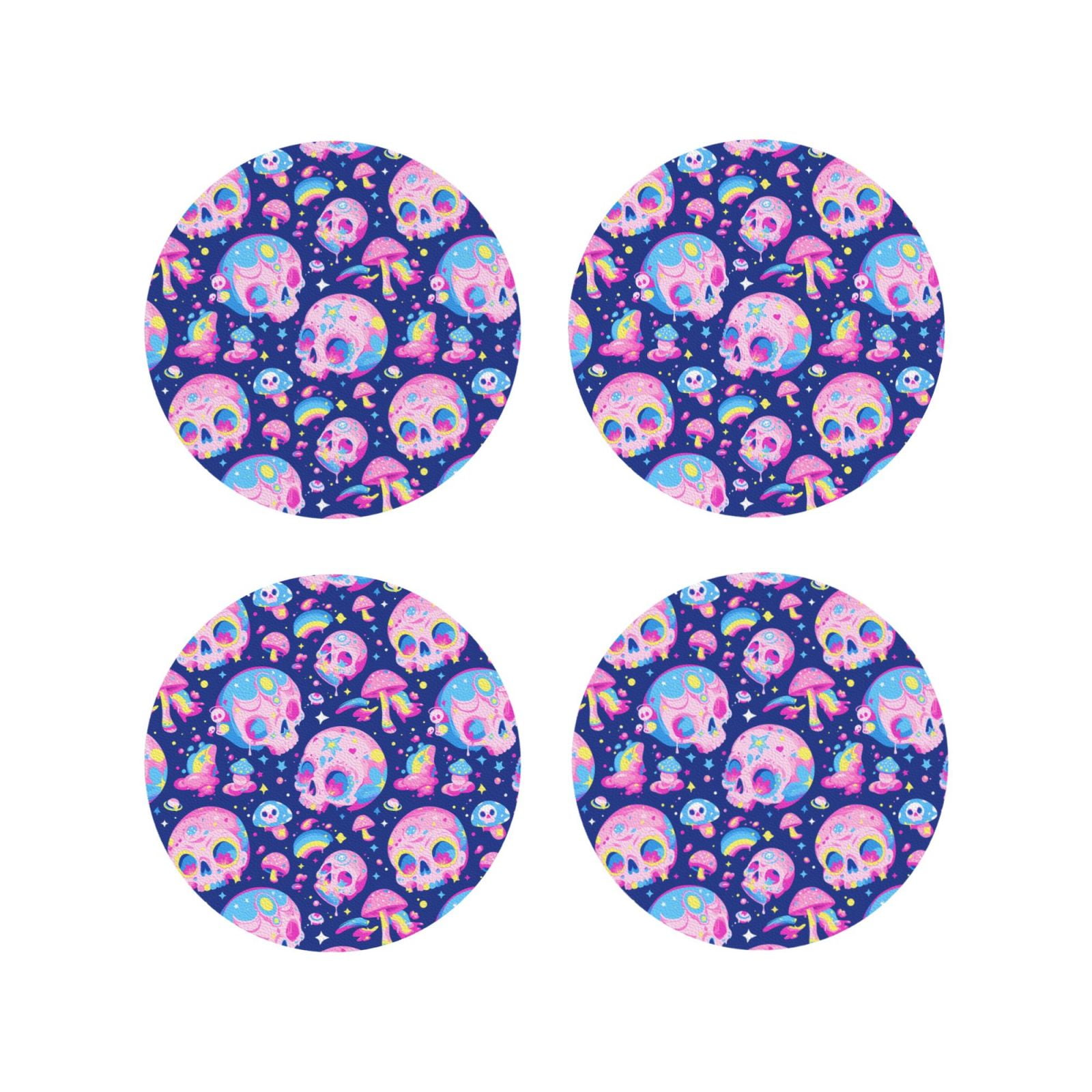 Gaeub colorful Skull mushroom rainbow Print 4 Pcs Leather Coasters for Drinks ,Drink Coasters ...