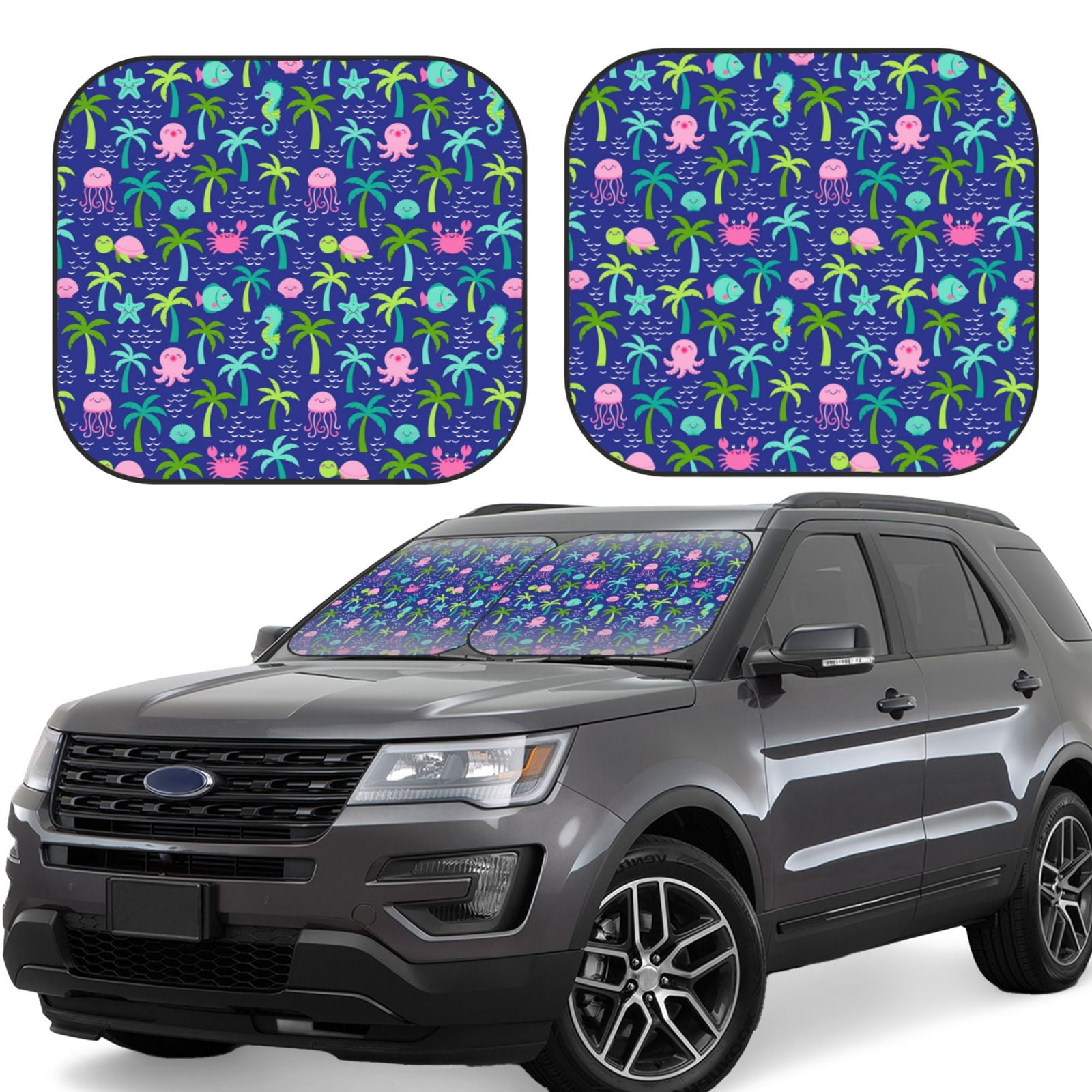 Gaeub sea animals with palm tree Print 2-Piece Windshield Sun Shade ...
