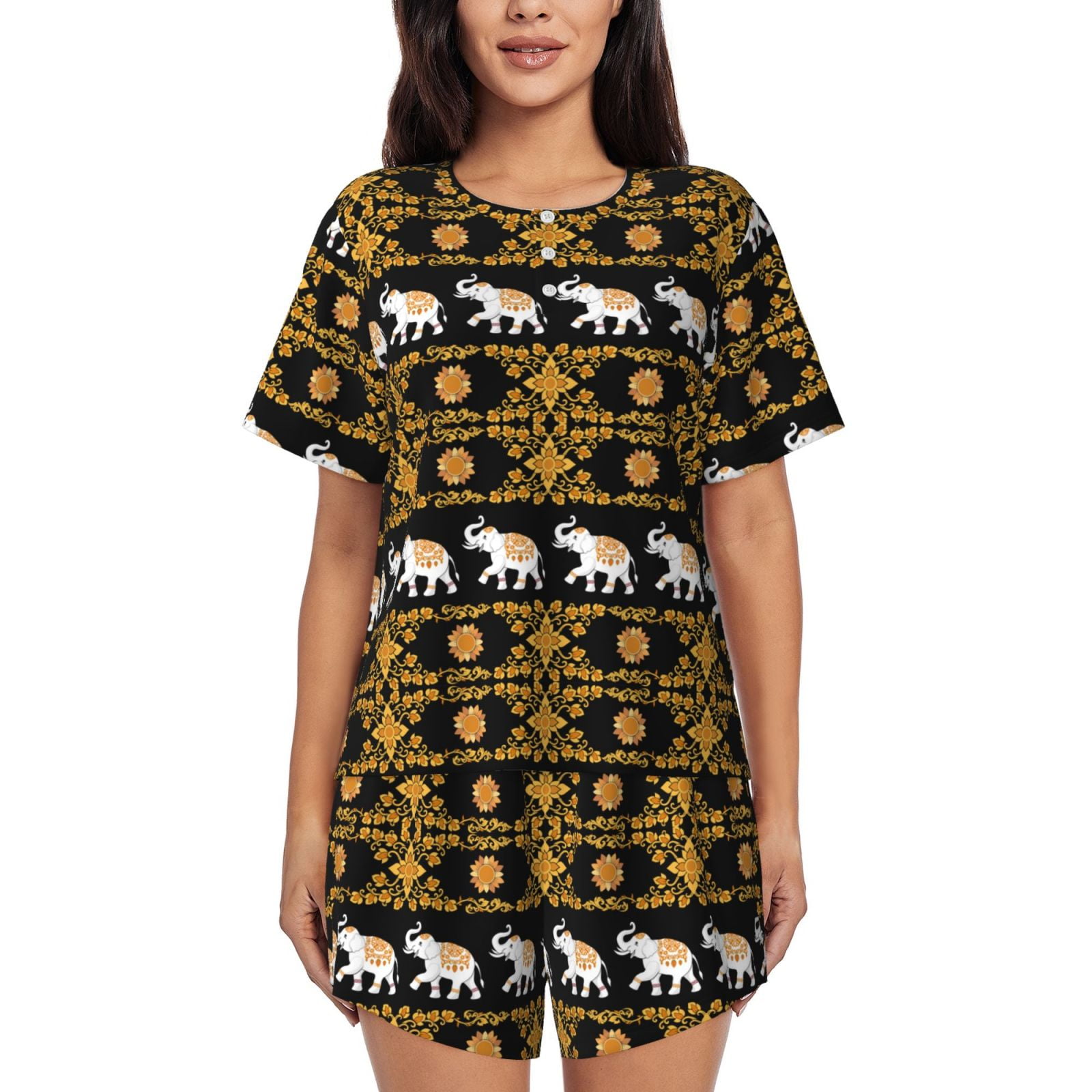 Gaeub traditional Elephant Print Women's Short Sleeve Pajama Set Soft ...
