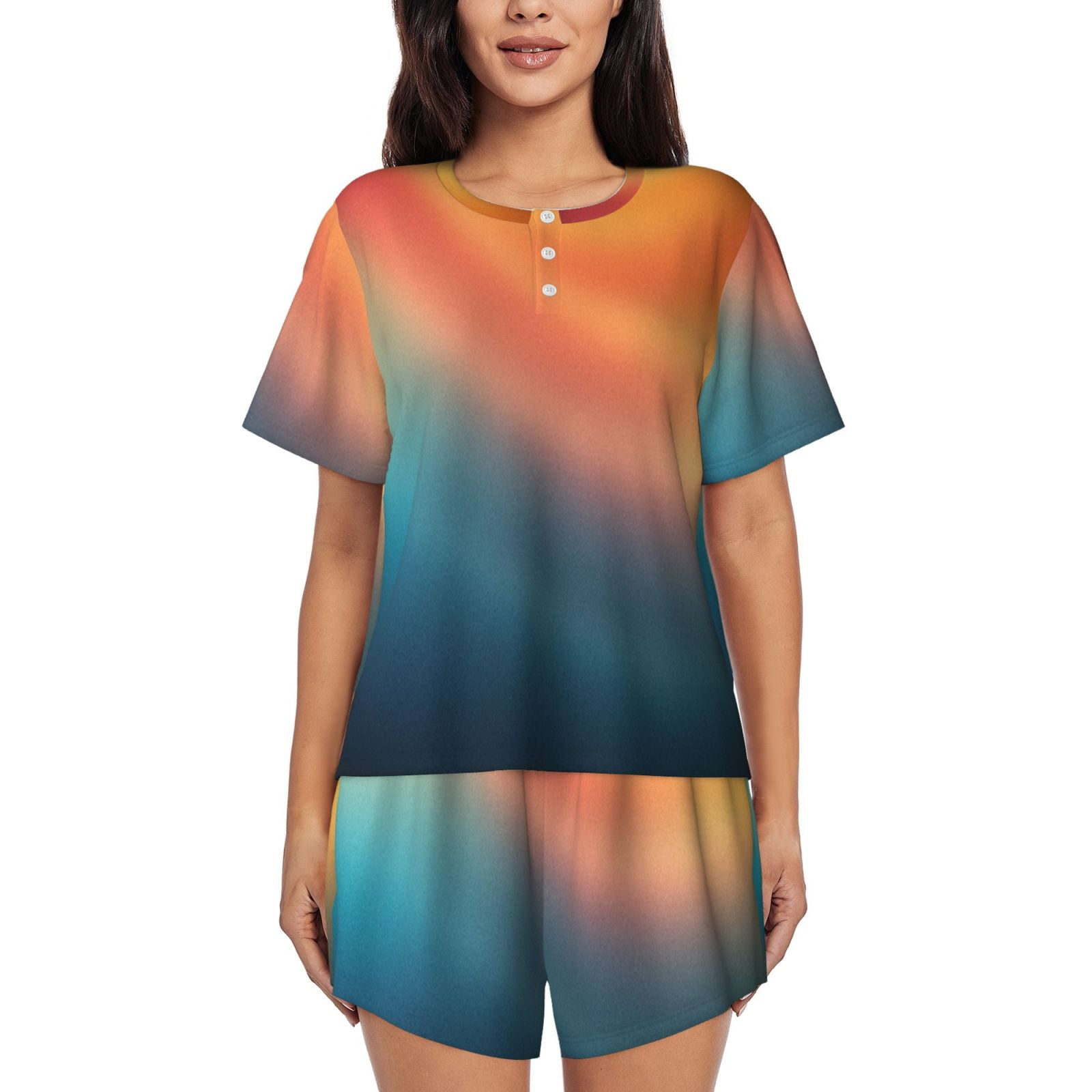 Gaeub yellow orange and teal Print Women's Short Sleeve Pajama Set Soft ...