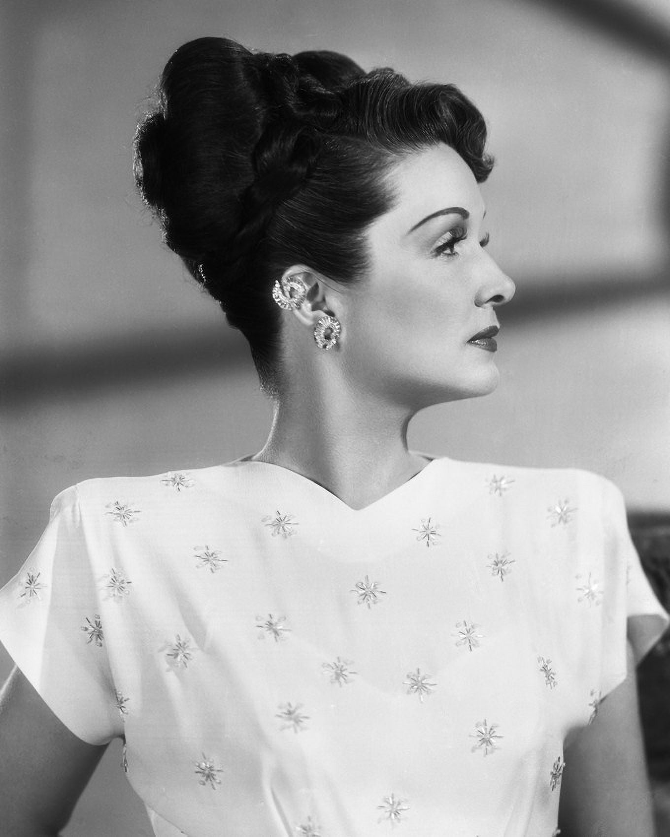 Gail Patrick Head Profile Coiffed Hair Short Sleeve Outfit Earring ...