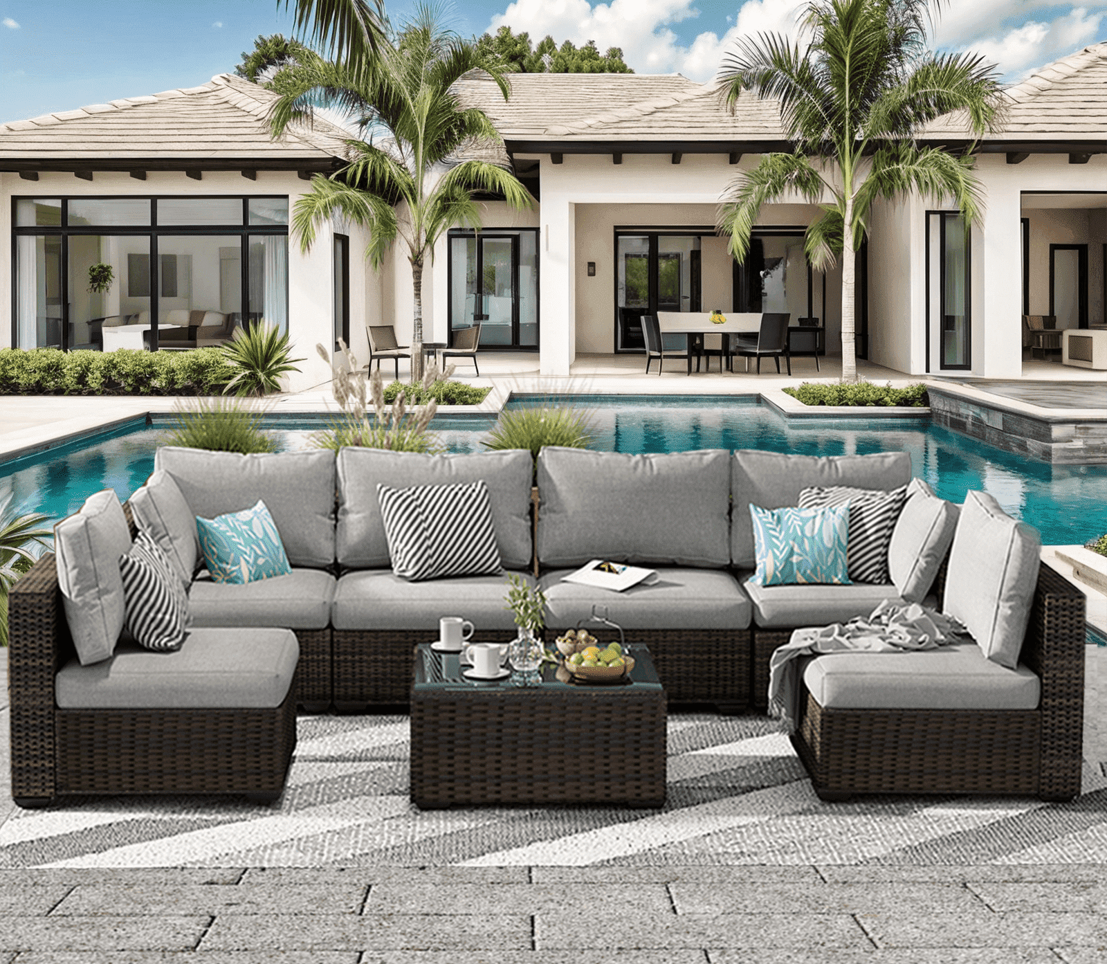 Gotland 6 Piece Outdoor Patio Set including 5 Red Cushioned Rattan Sofas Tempered Glass Table Walmart
