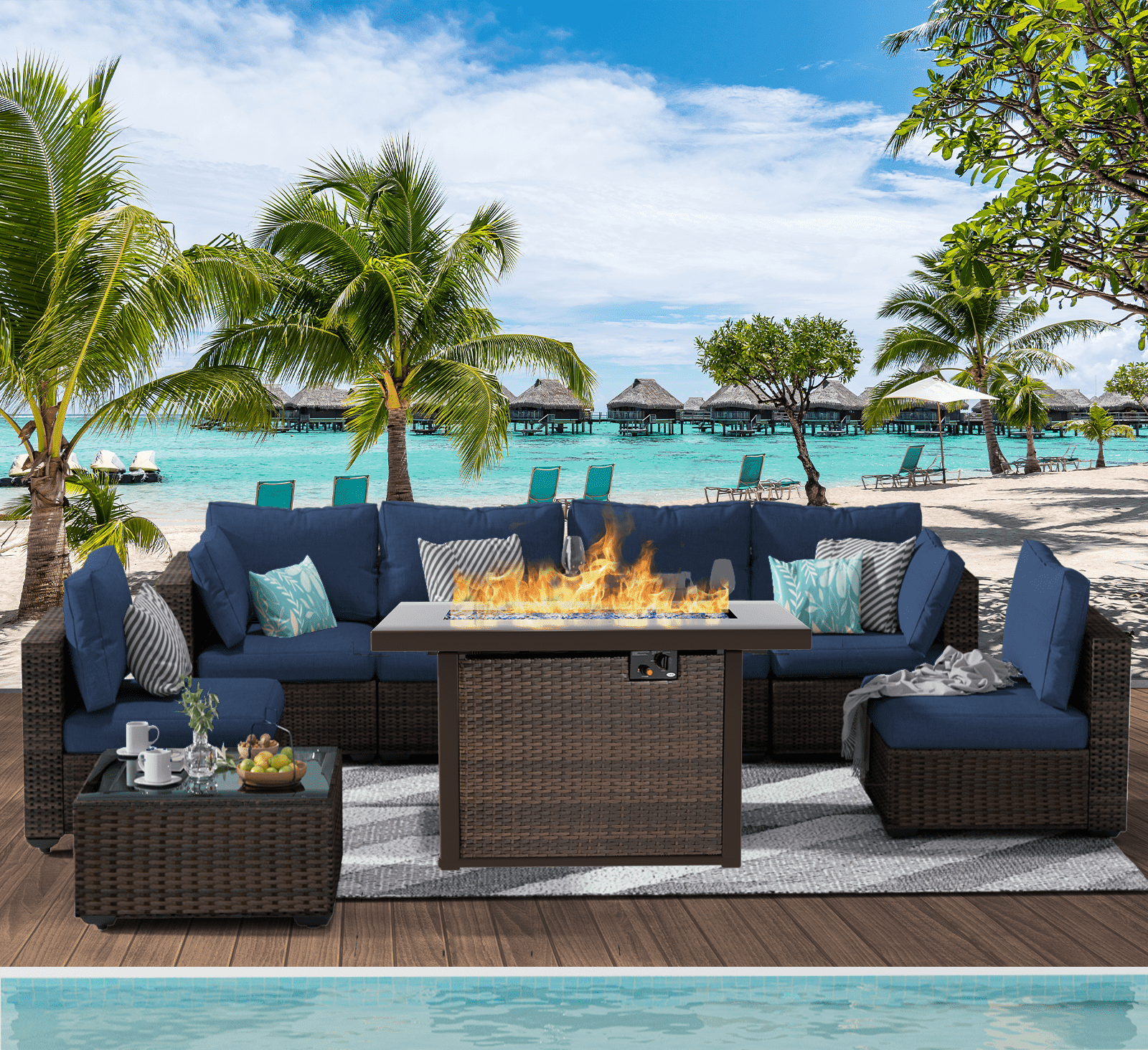 Gaildon 8 Piece Patio Furniture Set with Fire Pit Table, All Weather ...