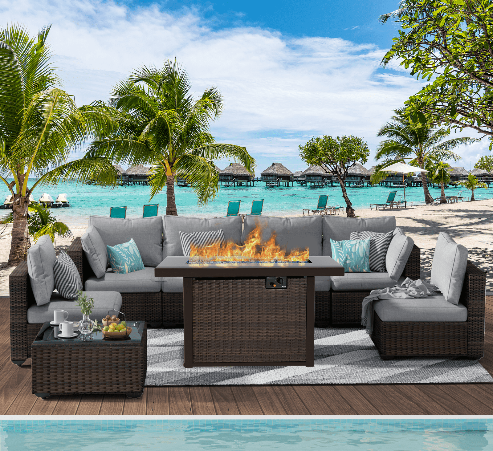 Gaildon 8pc All-Weather Patio Set with Fire Pit Table, PE Rattan ...