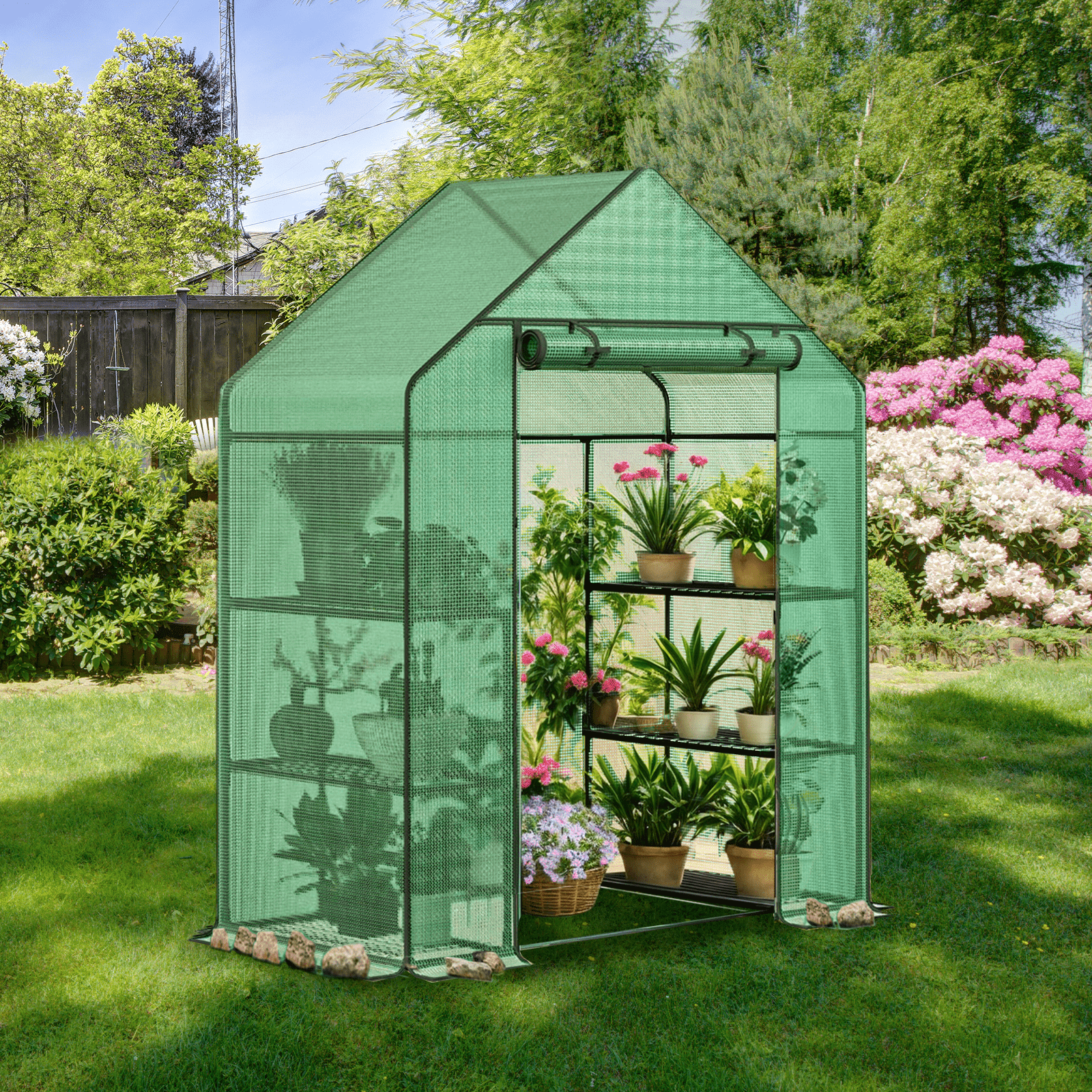 Gaildon Small Greenhouse with Anchors and Ropes, 3 Tier 4 Wired Shelves ...