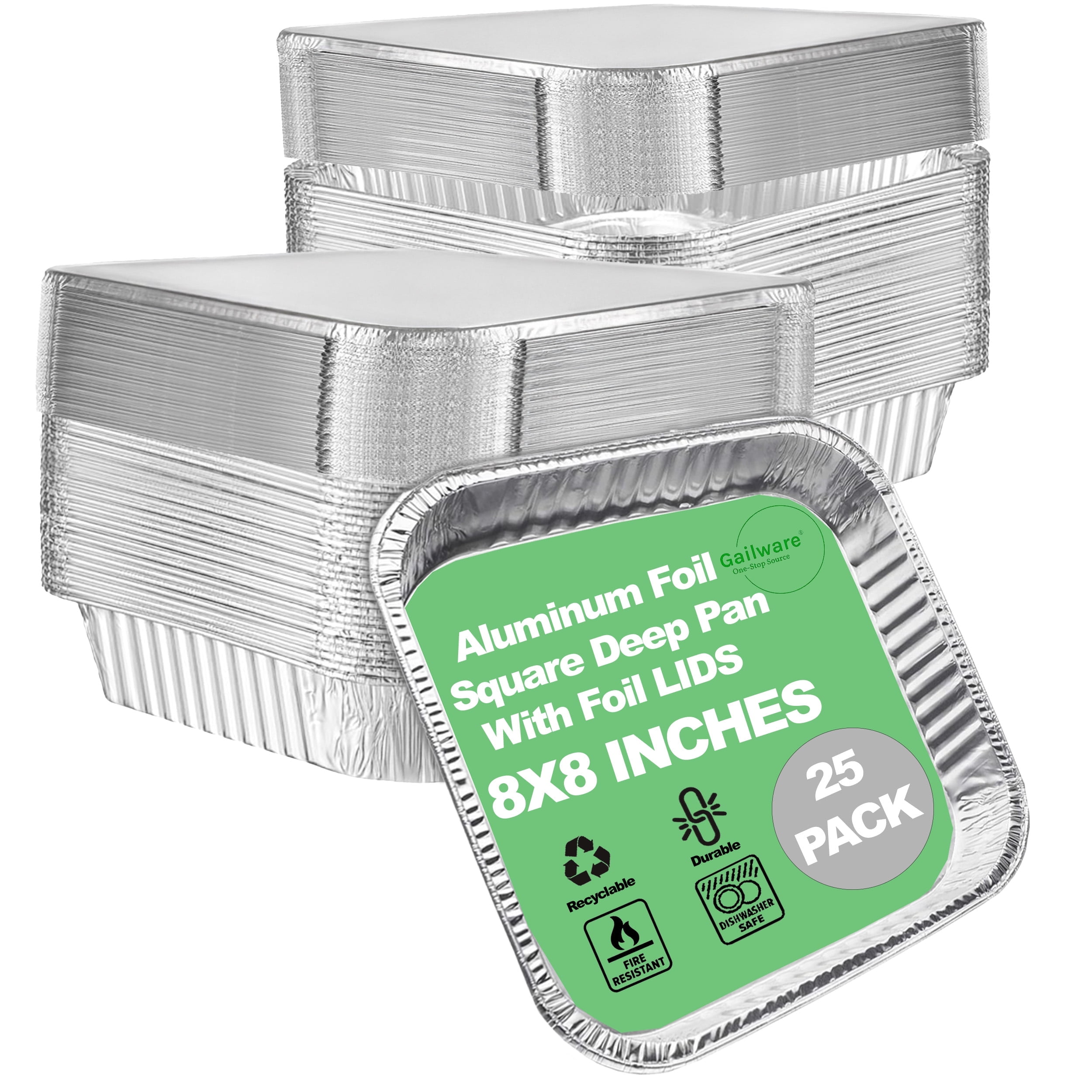 Gailware 25 Pack 8X8 Aluminum Pans with Lids Half Size Heavy Duty Deep ...