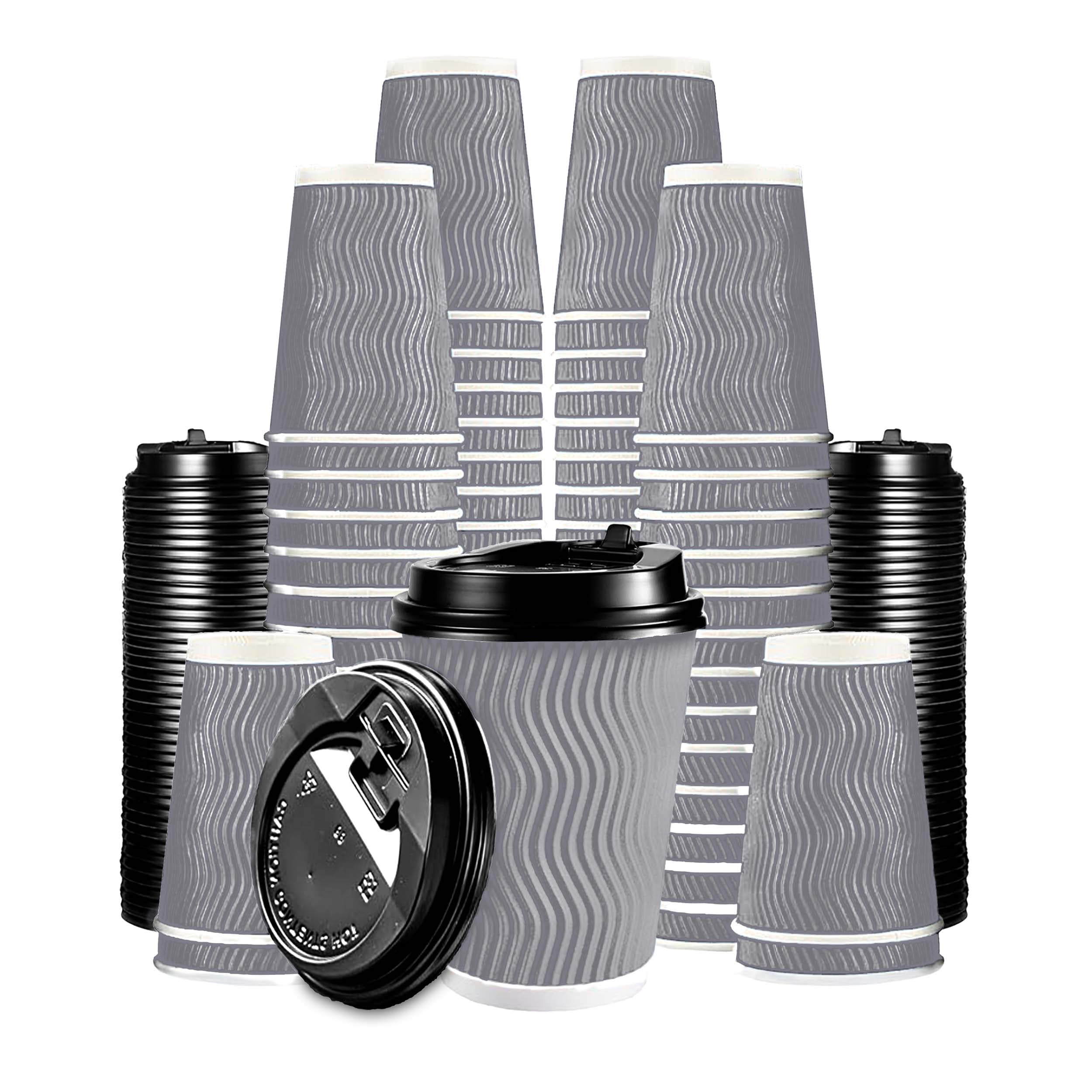 Gailware 50 Pack 12 oz Gray Ripple Coffee Cups with Black Lids ...