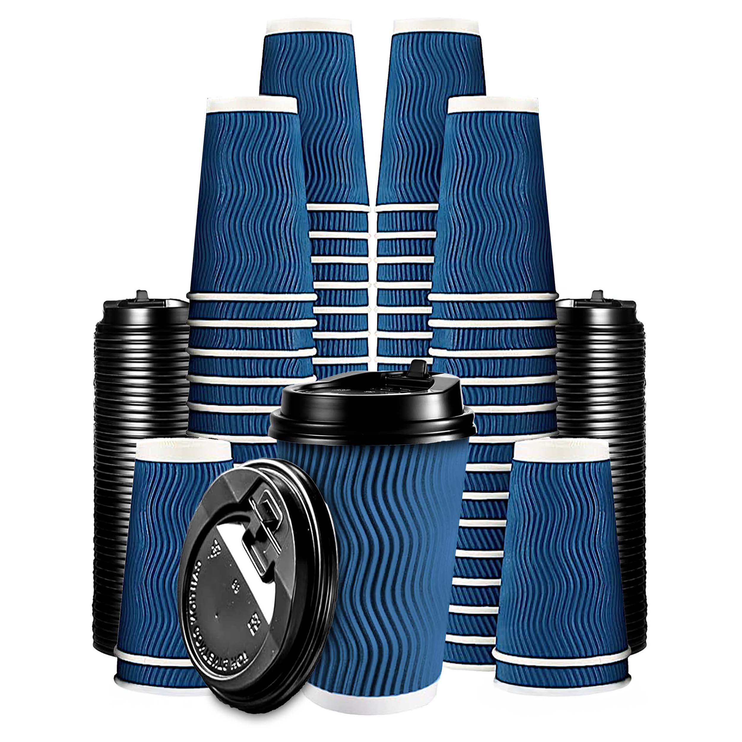 Gailware 50 Pack 16 oz Navy Ripple Coffee Cups with Black Lids ...