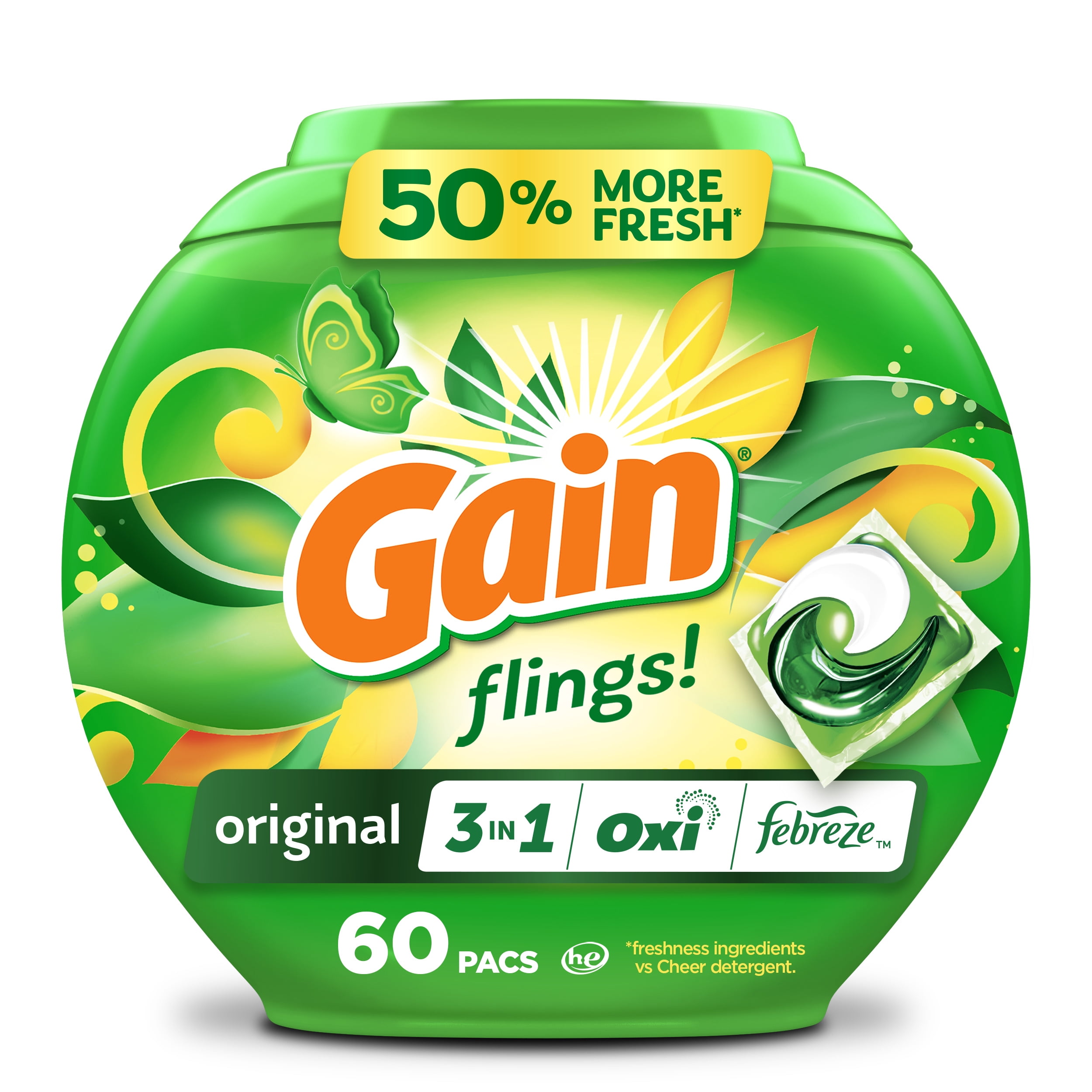 Gain Laundry Detergent Pods 3-in-1 Oxi Boost Febreze Original Scent 60 ...