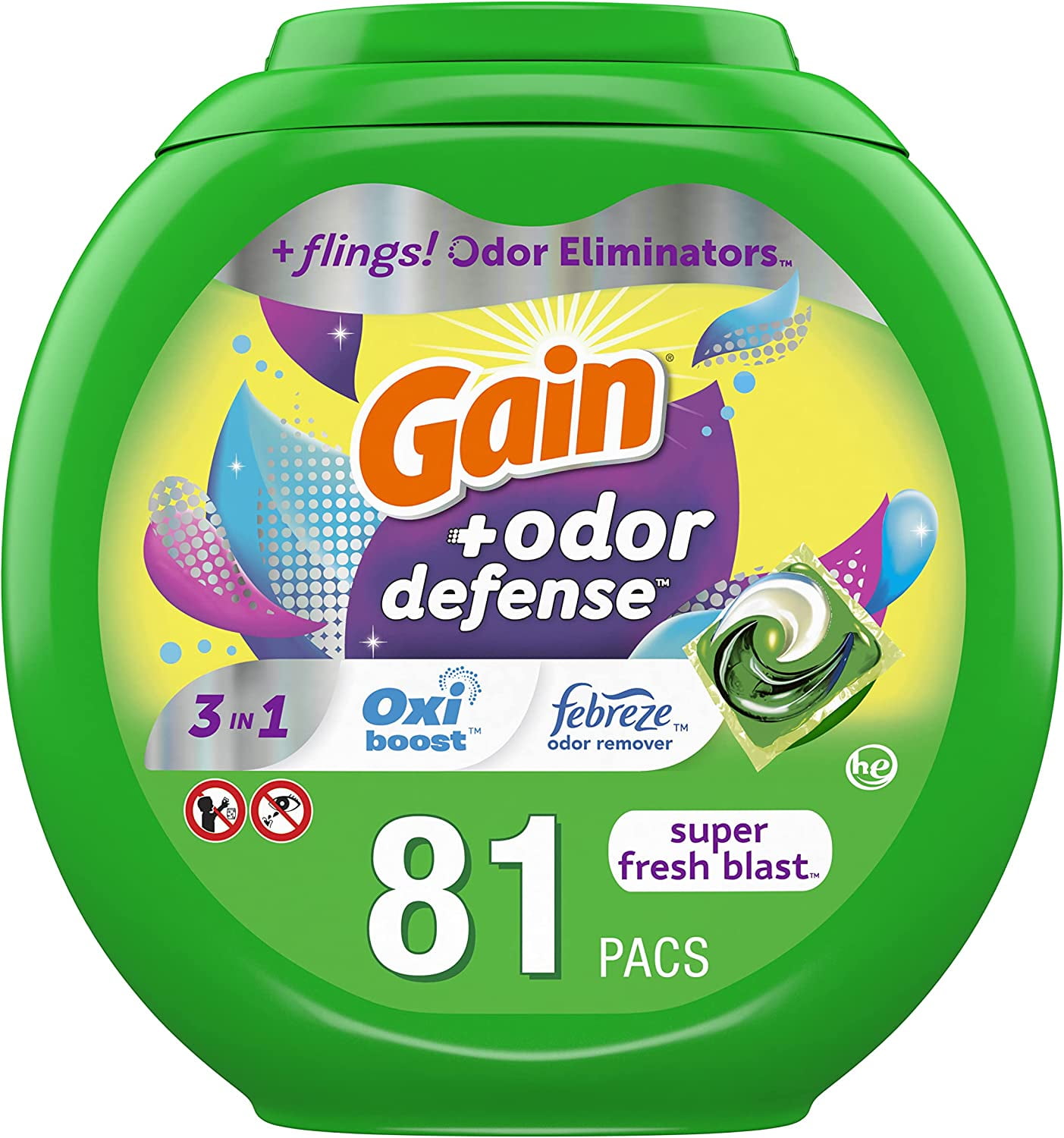 Gain Flings Laundry Detergent Pacs with Odor Defense, HE Compatible, 81 ...