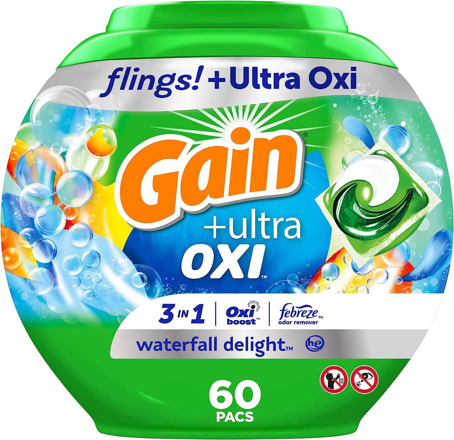 Gain Flings Ultra Oxi PODS Washing Power, 60 Count, Waterfall Delight ...