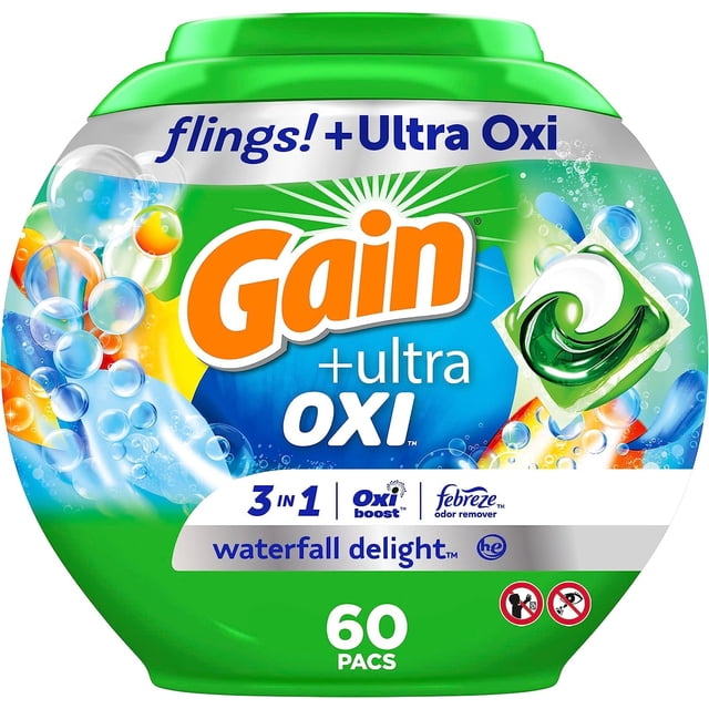 Gain Flings Ultra Oxi PODS Washing Power, 60 Count, Waterfall Delight ...