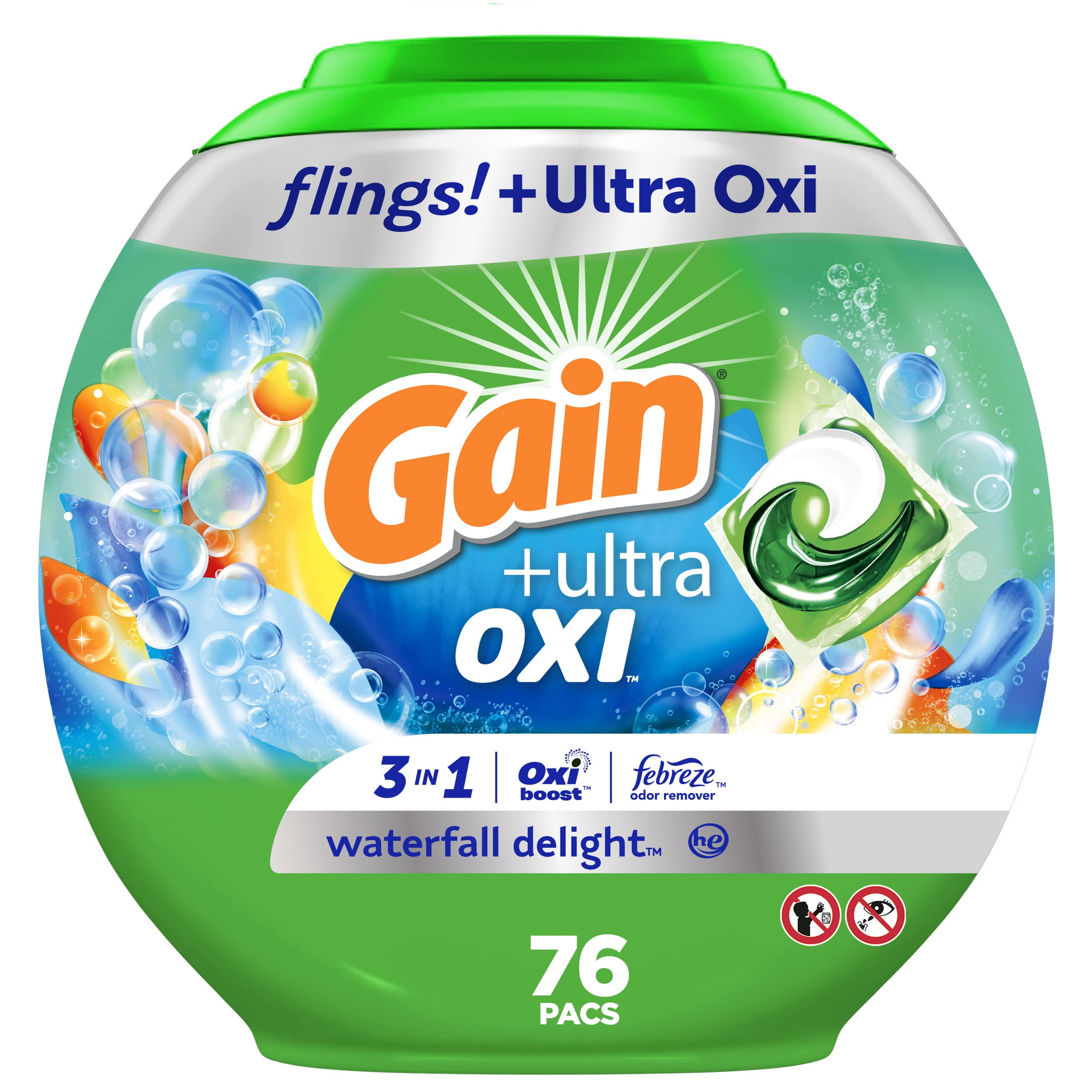 Gain Flings Ultra Oxi Laundry Detergent Pacs 76 Count Waterfall Delight ...