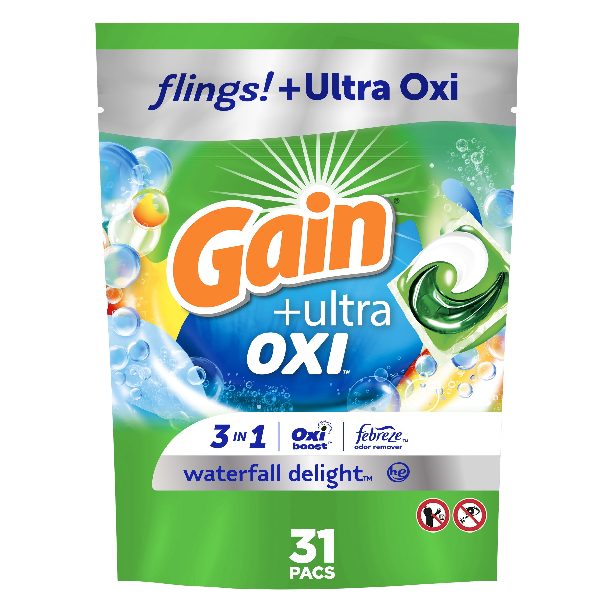 Gain Flings Ultra Oxi Laundry Detergent Pacs, Waterfall Delight Scent ...