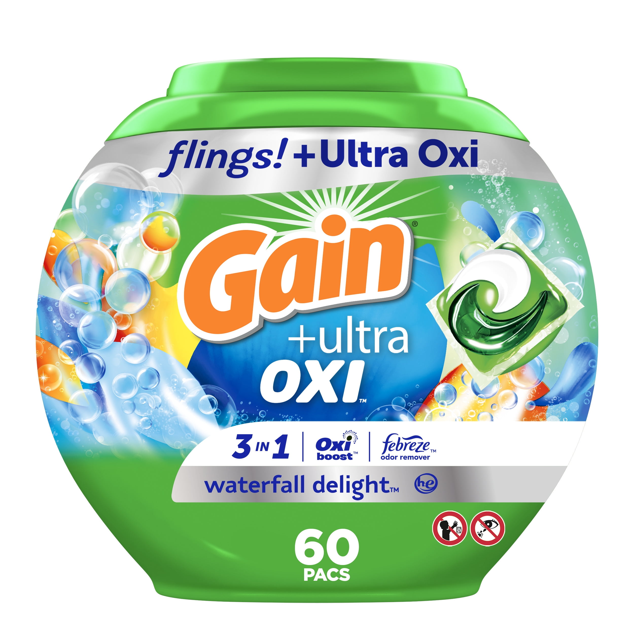 Gain Flings Ultra Oxi Laundry Detergent Pacs, Waterfall Delight Scent ...