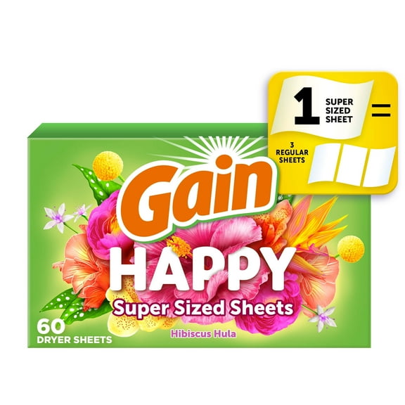 Gain Happy Super Sized Dryer Sheets, Hibiscus Hula Scent, 60 Count with Microfiber Solid Color ...