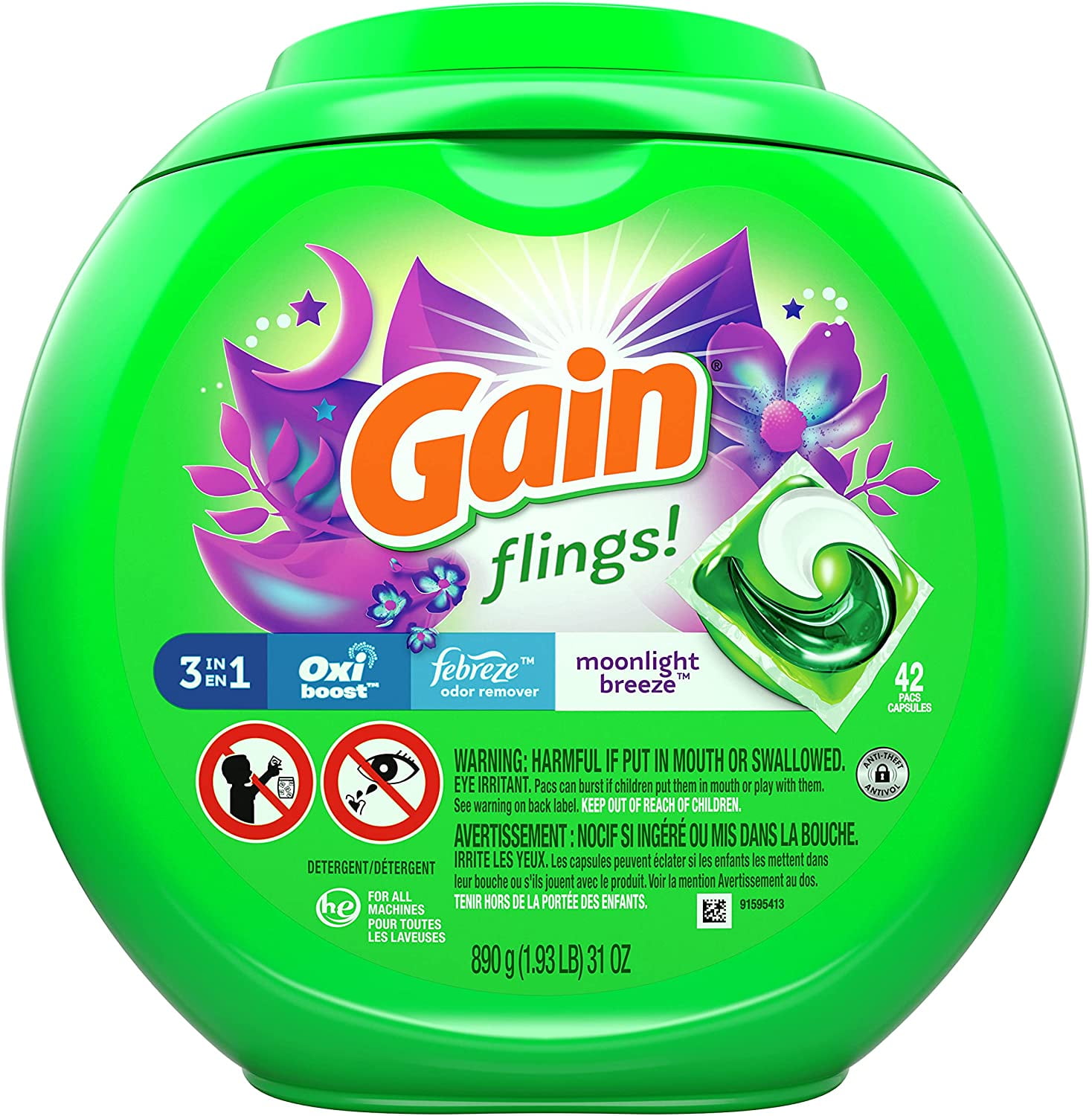 Gain flings! Liquid Laundry Detergent Pacs, Moonlight Breeze, 42 Count ...