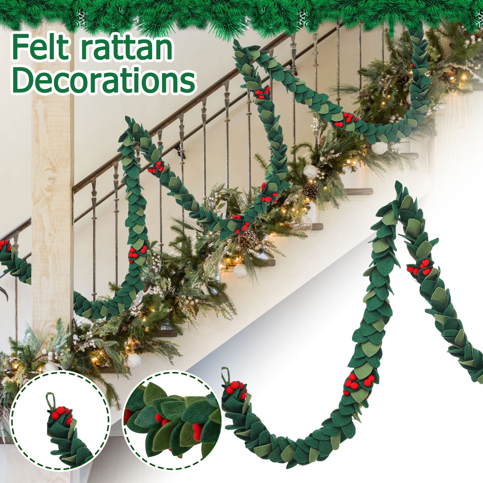 Gaiwos 6 FT Felt Holly Christmas Garland, Xmas Leaves Mistletoe ...