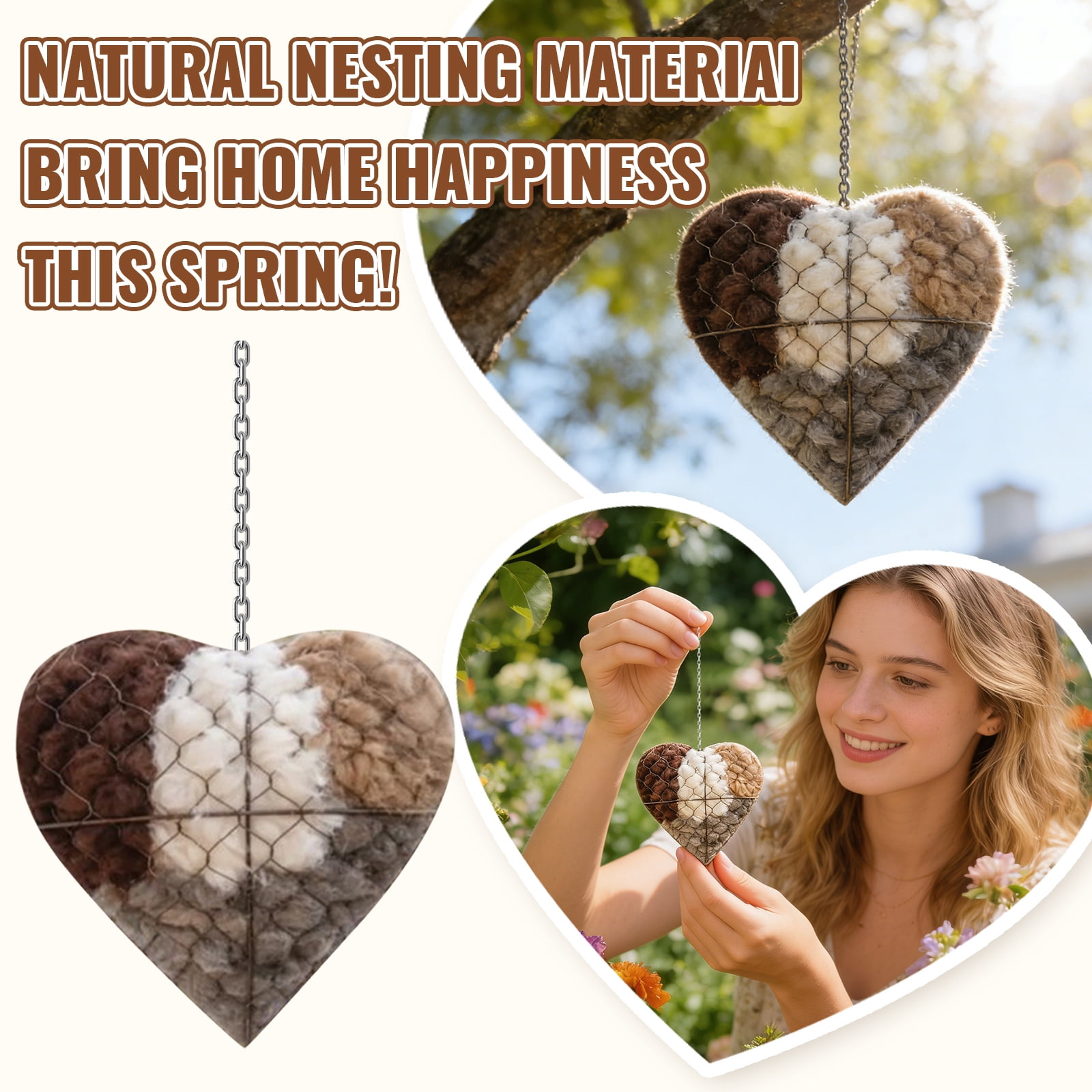 Gaiwos Handmade Fiber Bird Nesting Heart 6.7 inches, Refillable Birds ...