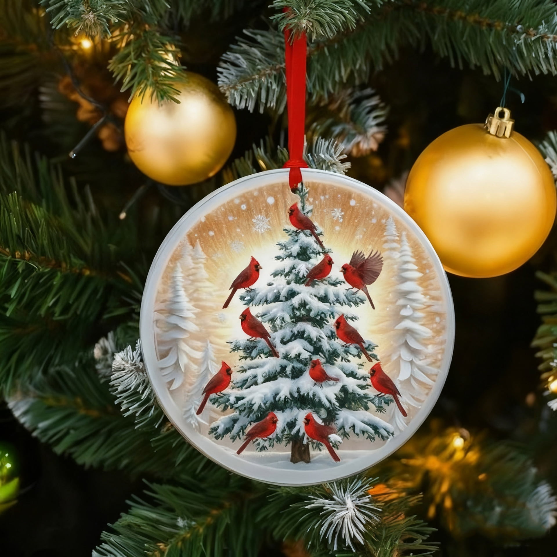 Gaiwos Red Cardinal Christmas Ornament 3 inches, Round Red Cardinal ...