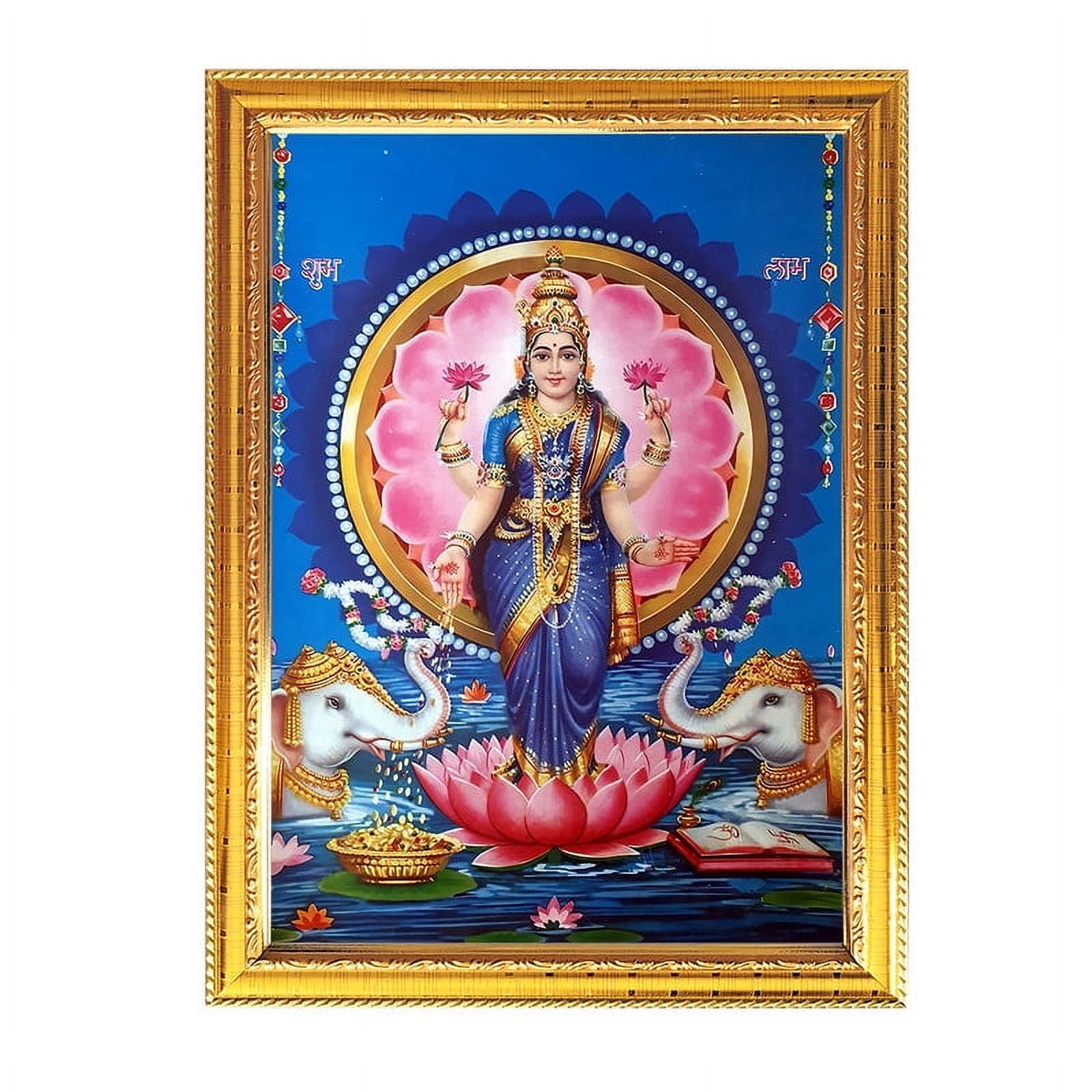 Gaja Laxmi Goddess Photo With Golden Frame for Indian Pooja Hindu ...
