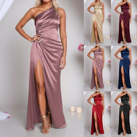 Gala Dresses for Women One Shoulder Satin Slit Dress Long Formal Gown ...