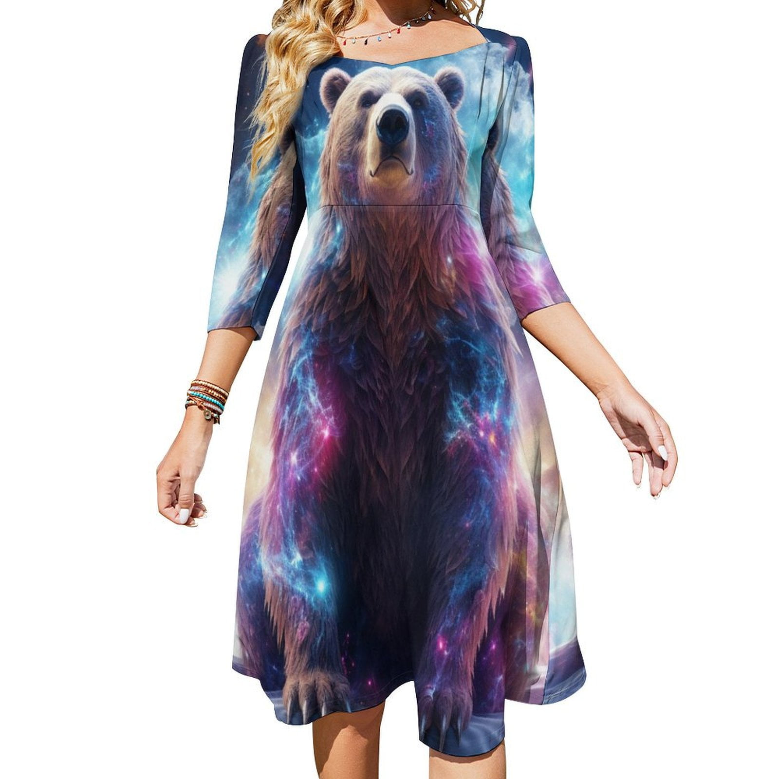 Galactic Bear in Space Womens Summer Dress Tie Back A Line Flare Dress ...