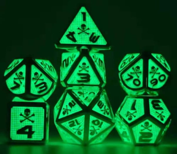 Galactic Dice Premium Dice Sets - Glow-in-the-Dark Skull Metal Set of 7 ...