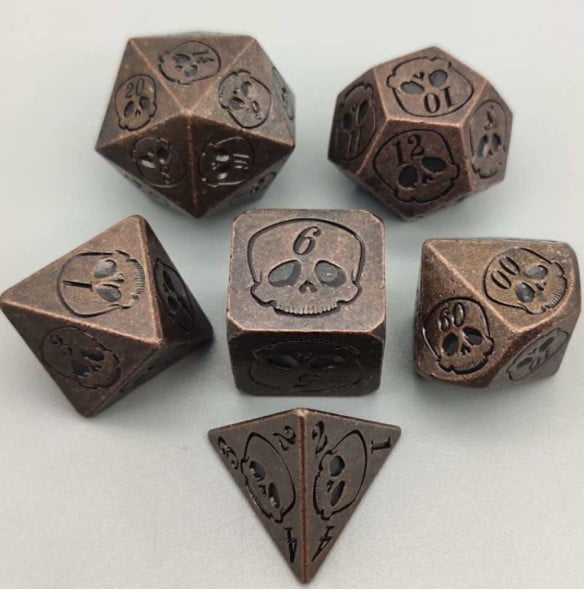 Galactic Dice Premium Dice Sets - Metal Tarnished Bronze Skull Set of 7 Dice with Tin - Walmart.com