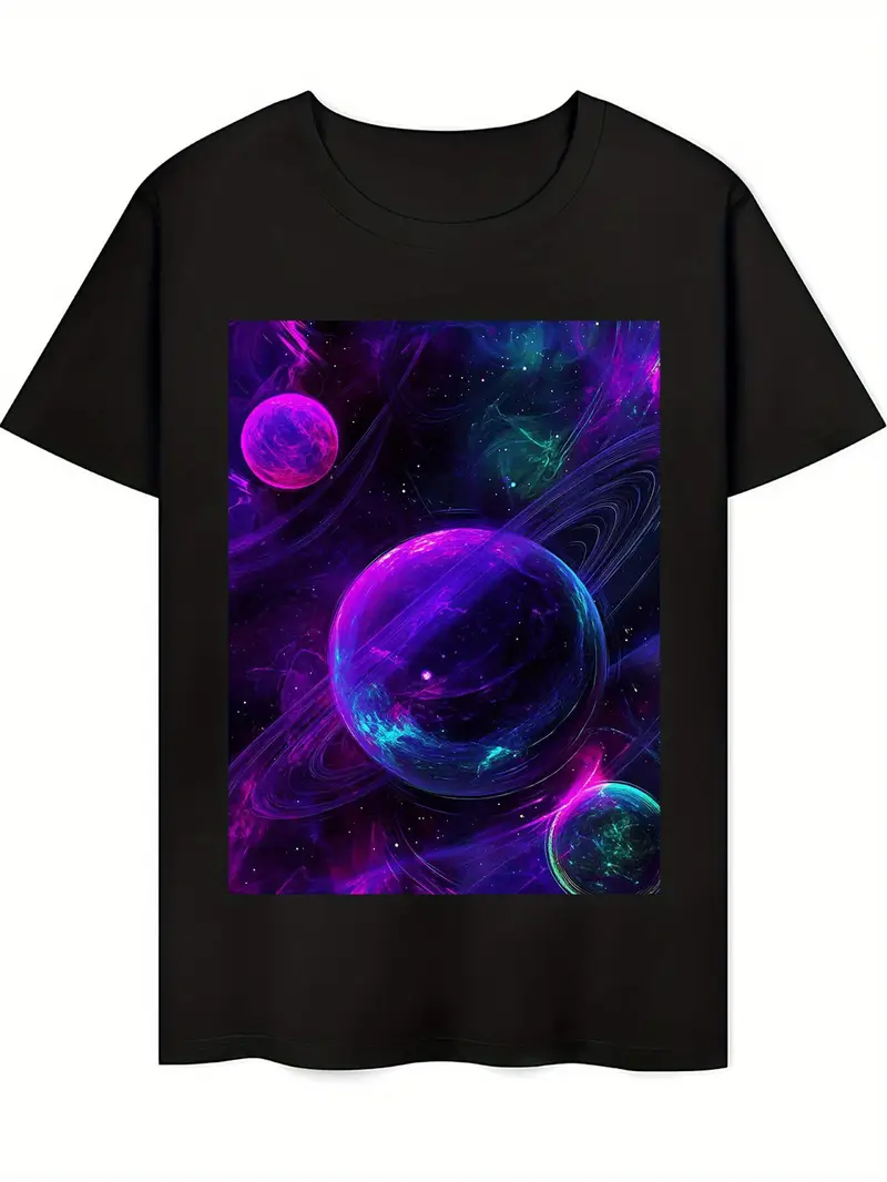 Galactic Dreams Cosmic Print T-Shirt - Vibrant Black Cotton Tee with ...