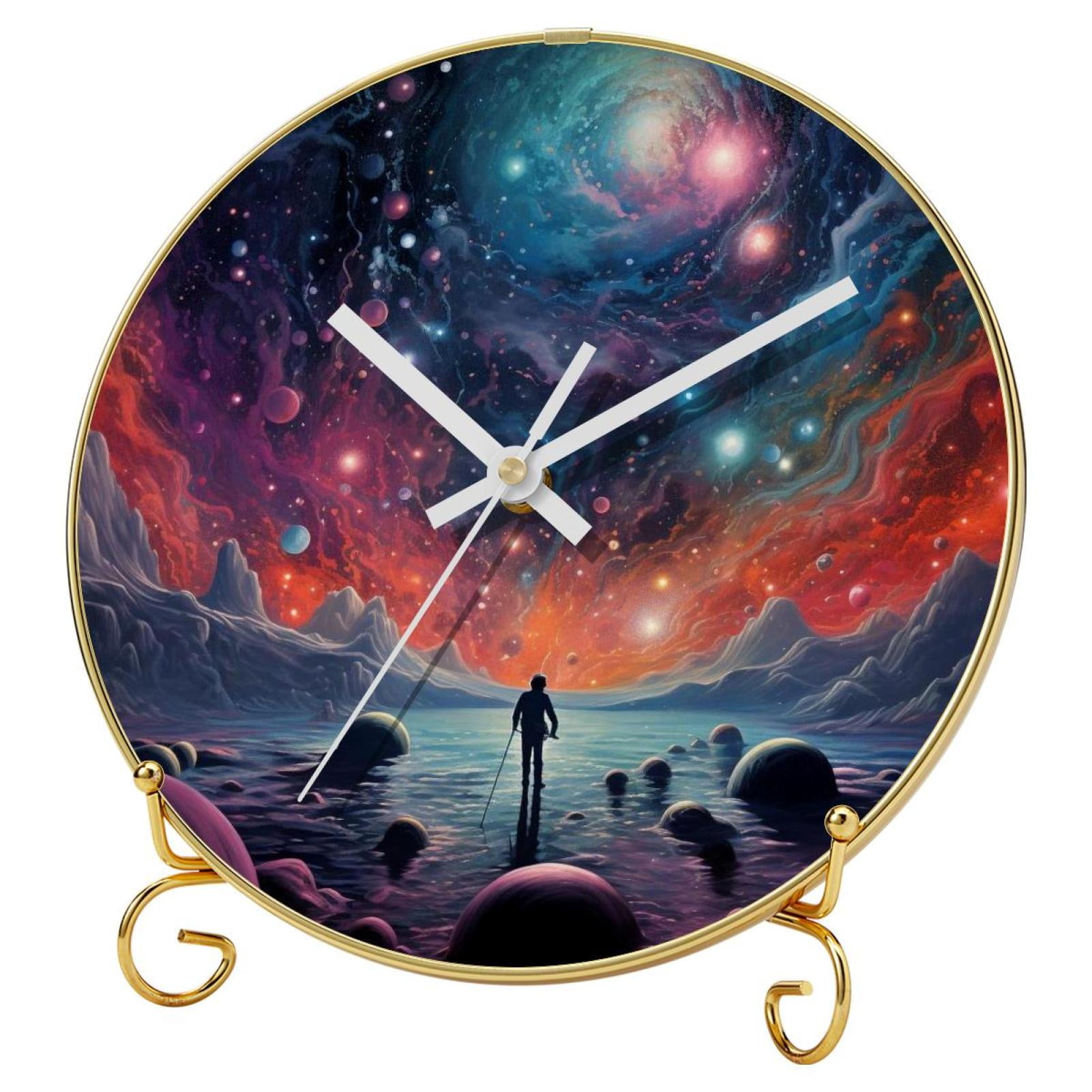 Galactic space Elegant Round Wall Clock with Hooks and Gold Stand ...