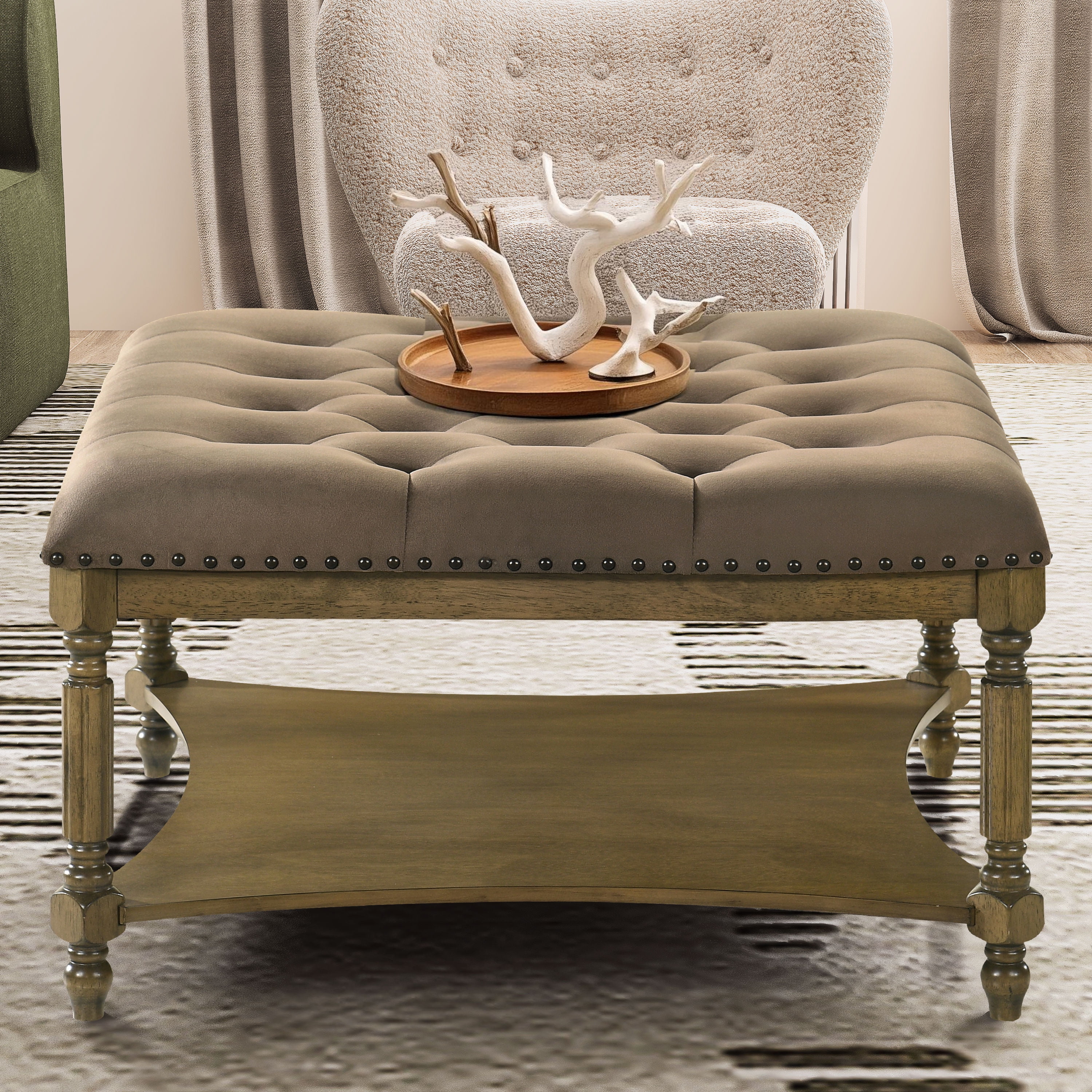 Galano Marcello Upholstered Coffee Table - Antique Oak/Velvet Brown ...